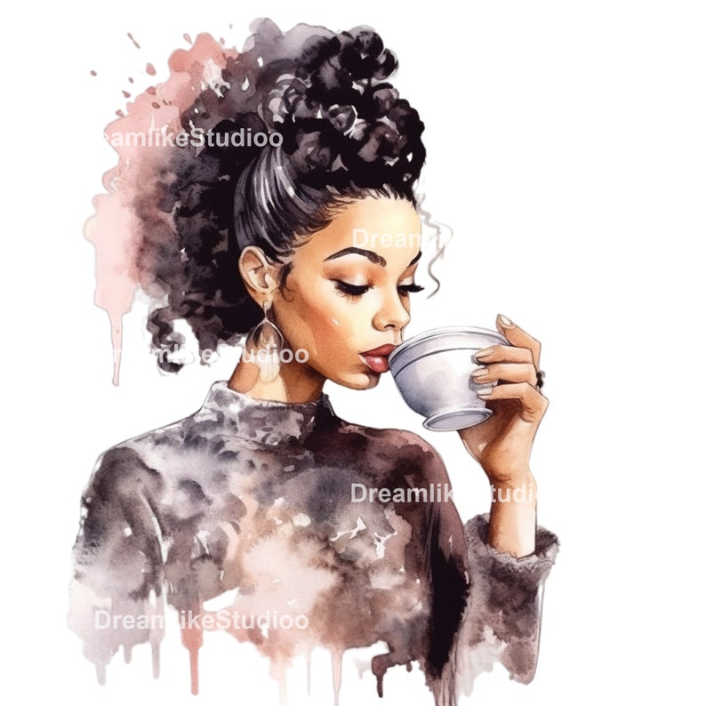 Watercolor Coffee Sipping Black Woman Clipart, Commercial Use Coffee ...