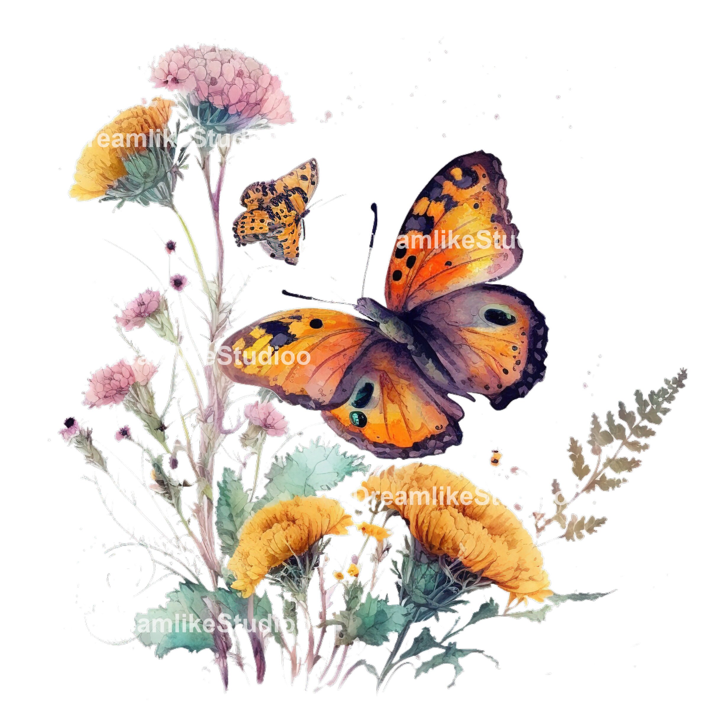 Watercolor Floral Butterflies Clipart, Commercial Use Clipart, Flowers ...