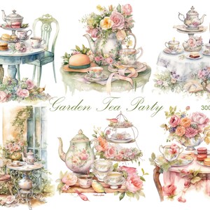 Watercolor Garden Tea Party Scenes, PNG, Commercial Clipart, Tea Time ...