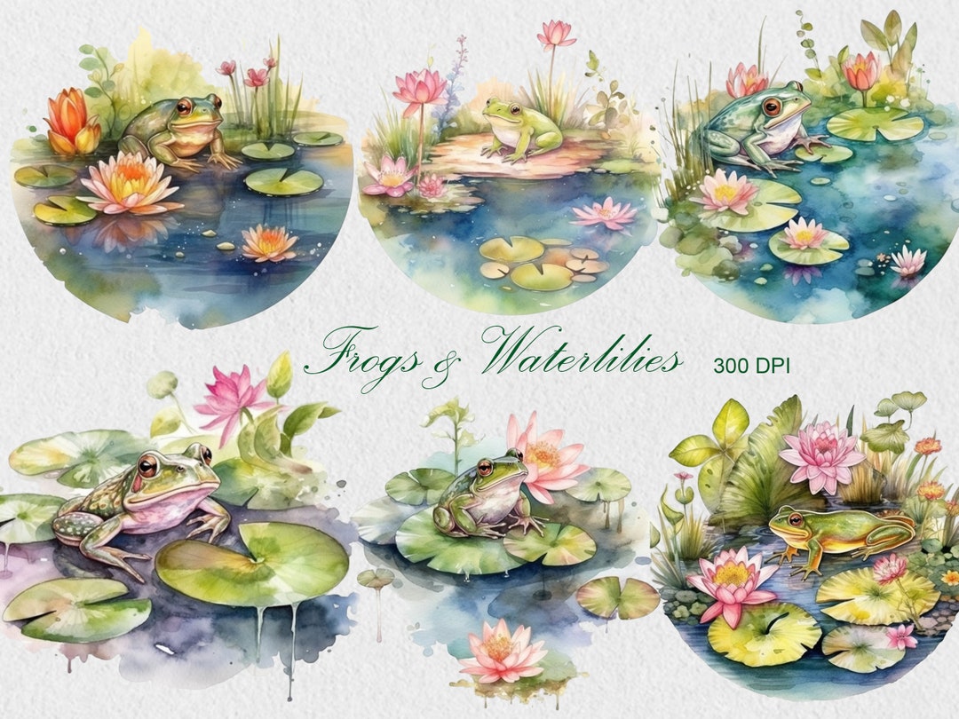 Watercolor Lily Pond Clipart, Waterlilies and Frog PNG, Instant ...