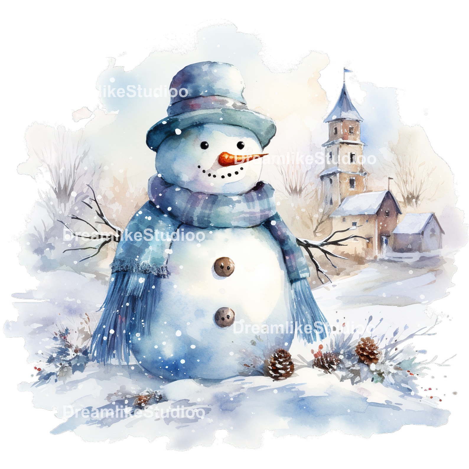 Watercolor Snowman Clipart Commercial Use Winter Landscape - Etsy