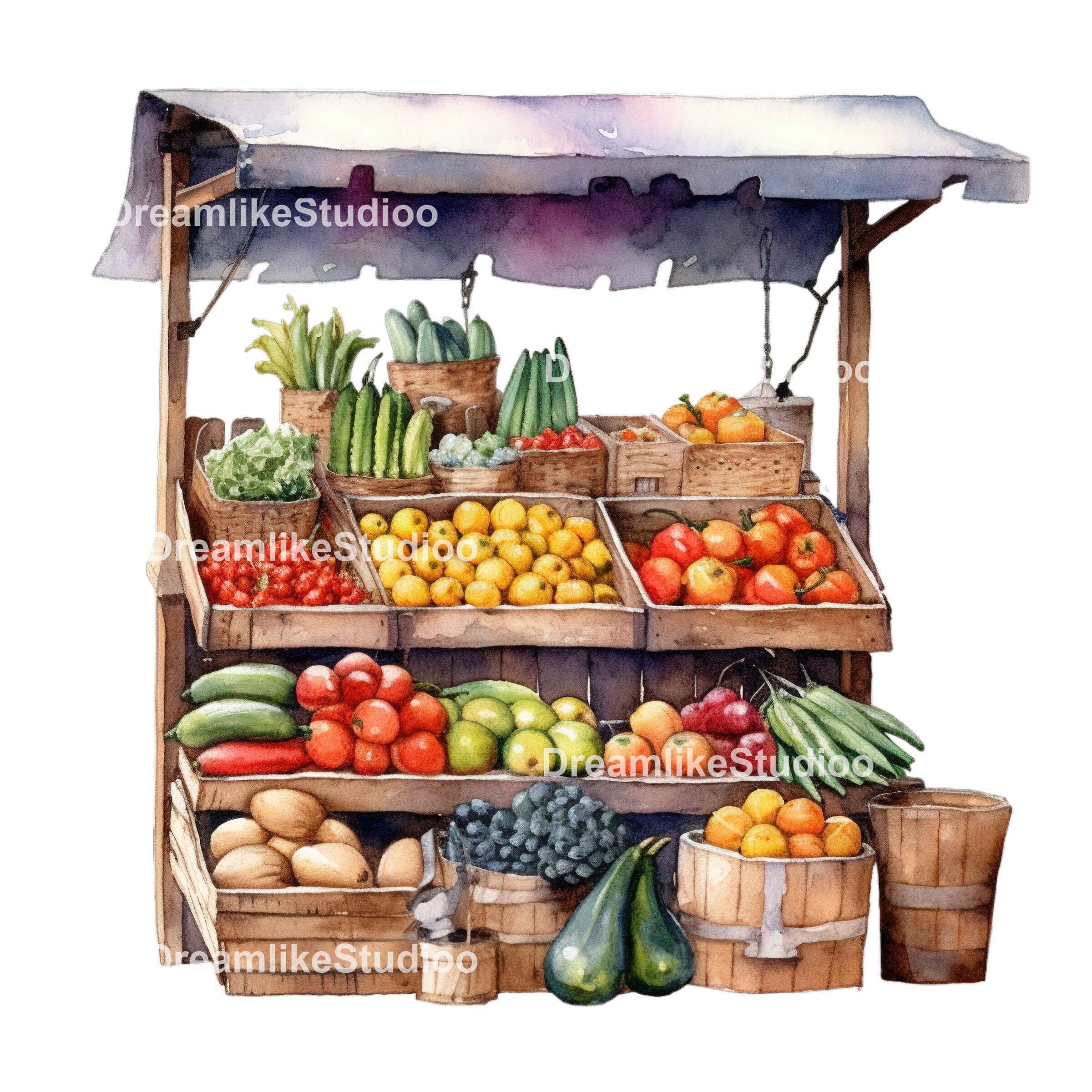 Watercolor Vegetable Stand Clipart, Fruits and Vegetables Commercial ...