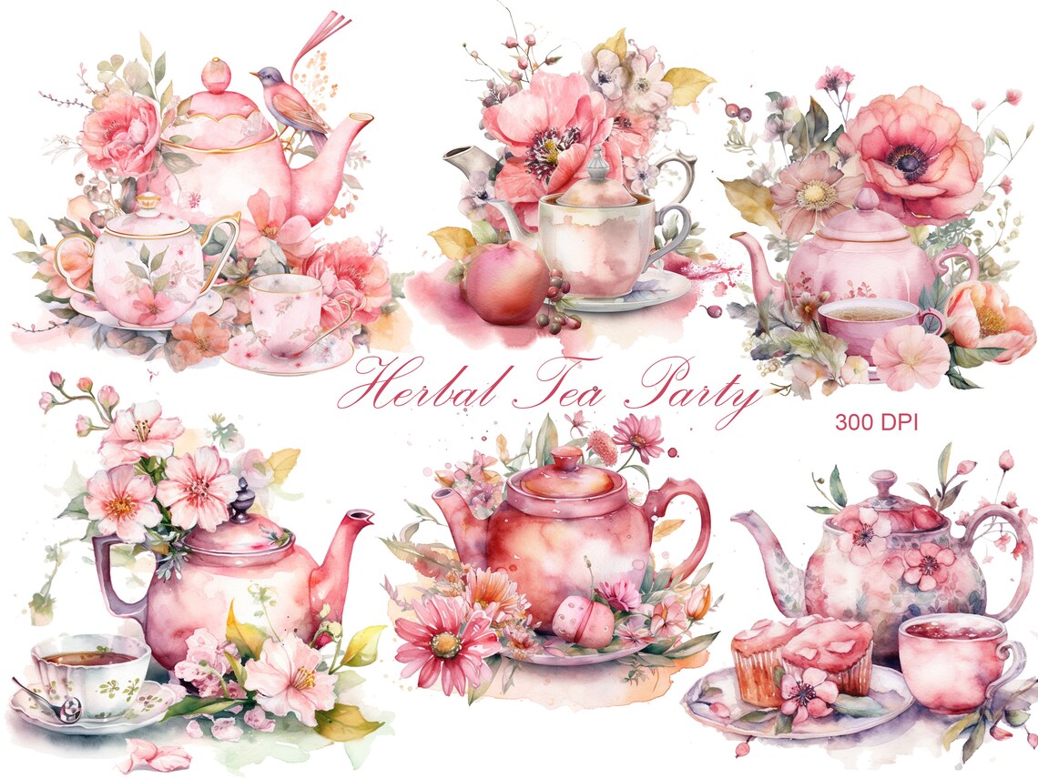 Herbal Tea Party Clipart Watercolor Commercial Use Clipart PNG, Teapot ...