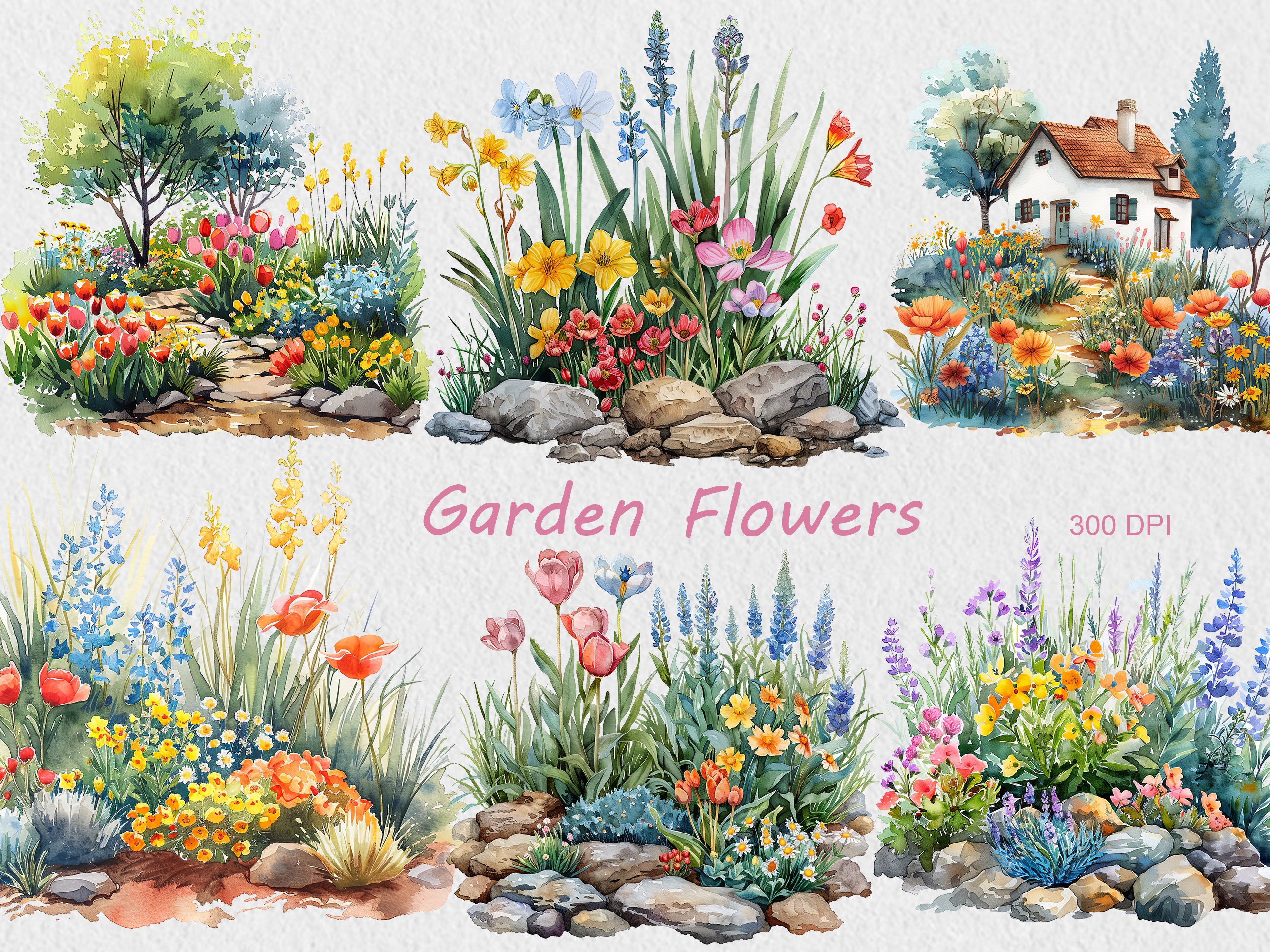 Garden Flowers Clipart, Watercolor Flowers PNG, Commercial Use Clipart ...