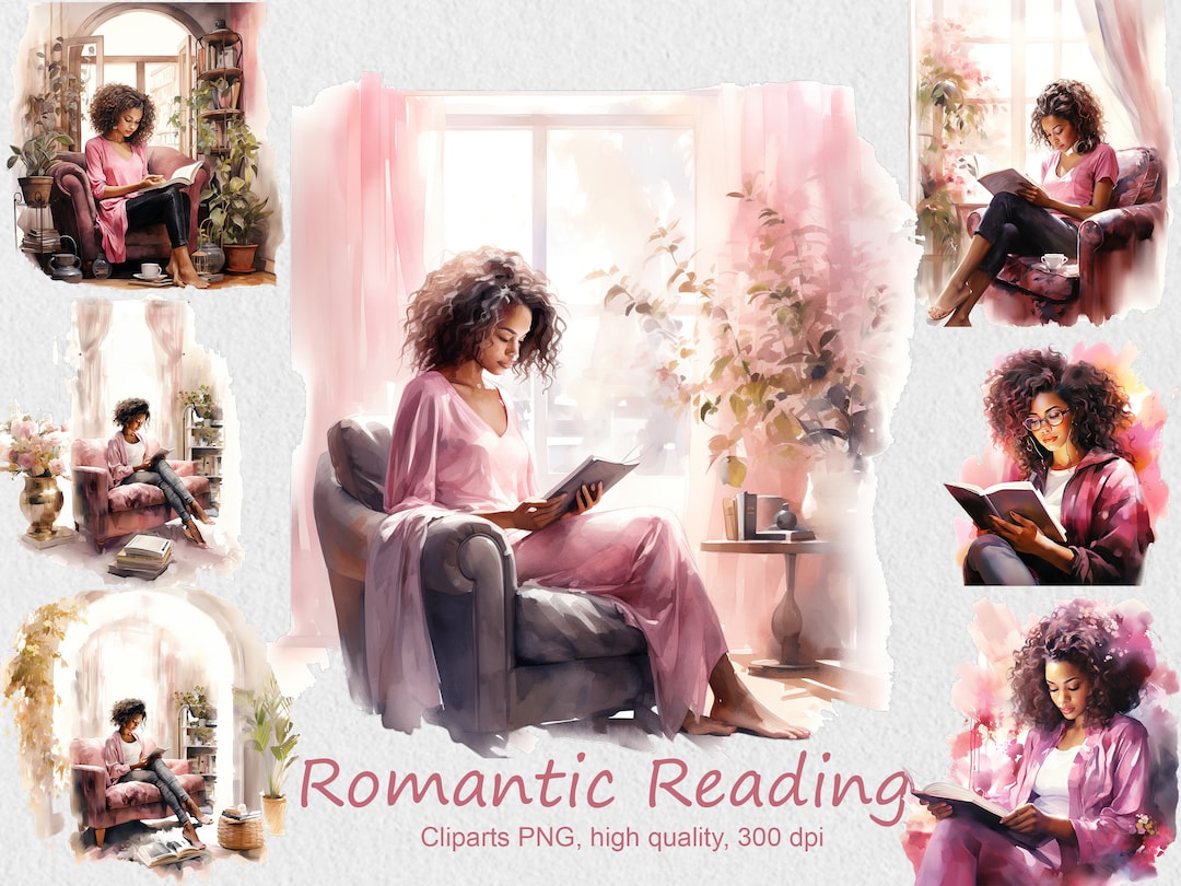 Girl Reading Clipart, Watercolor Pink Reading Corner PNG Commercial Use ...