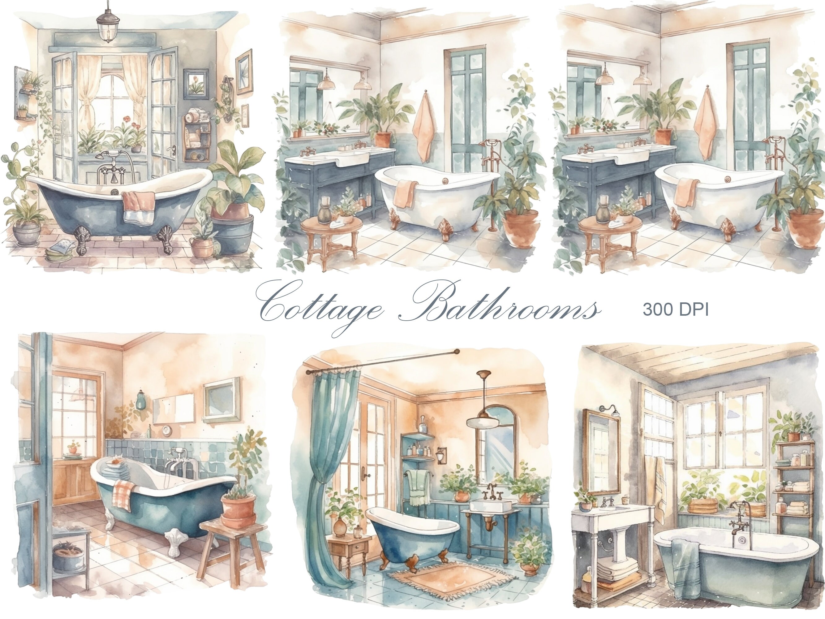 Watercolor Bathroom Cliparts, Commercial Use Clipart, Cottage Interior ...