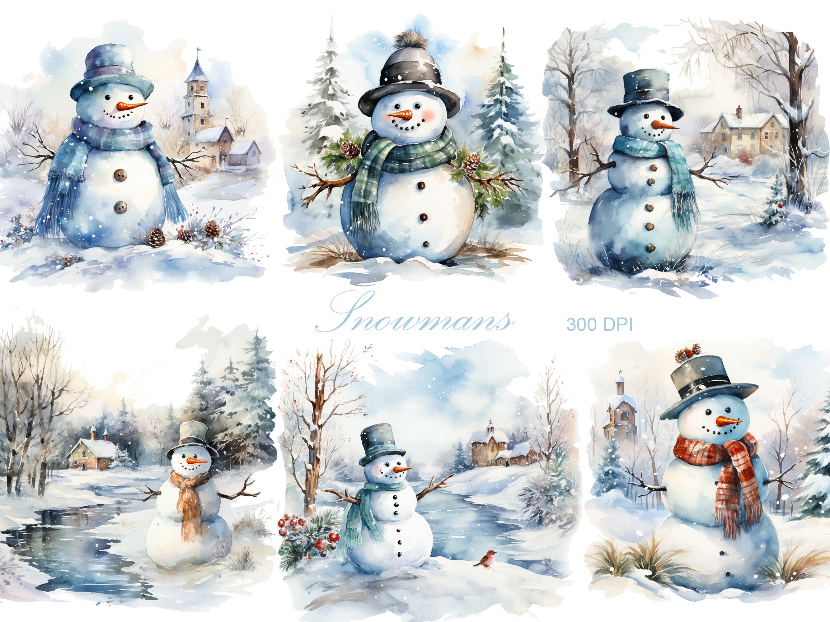 Watercolor Snowman Clipart Commercial Use Winter Landscape - Etsy
