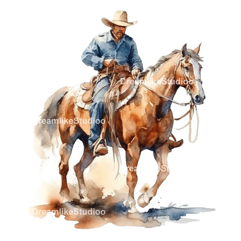Watercolor Cowboy Clipart, Commercial Use Cowboy and Horse PNG Clipart ...