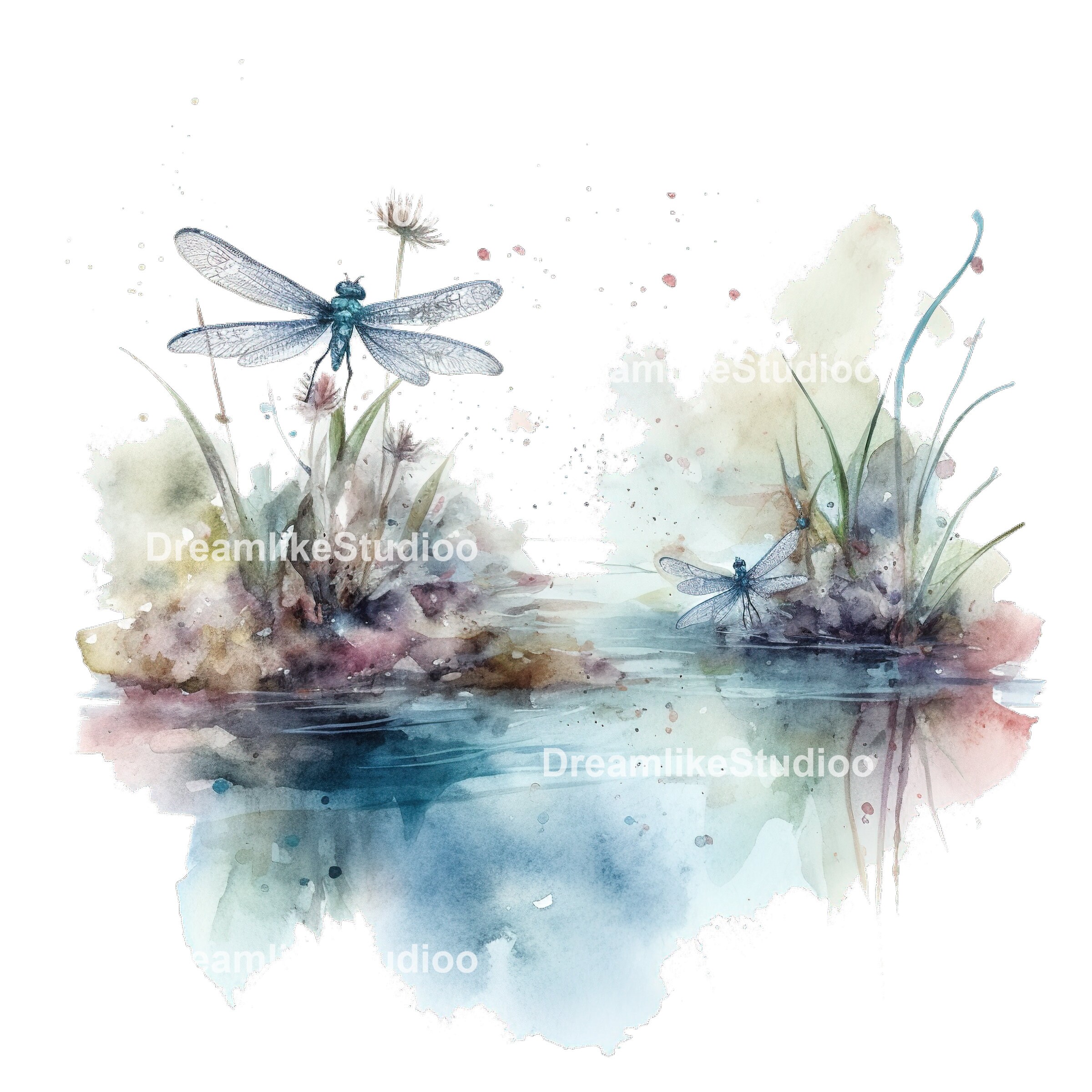 Watercolor Dragonfly Clipart, Commercial Use Clipart, Dragonflies Scene ...