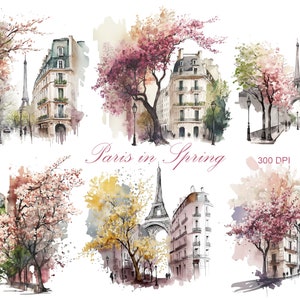 Watercolor Paris in Spring Clipart, Cute Watercolor Paris Scenes PNG ...