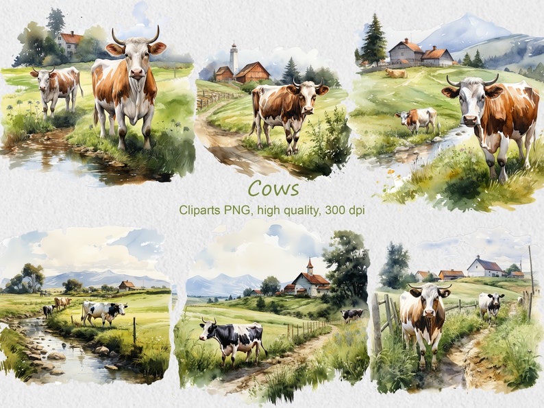 Watercolor Ranch Landscape Clipart, Countryside Landscape With Cows ...