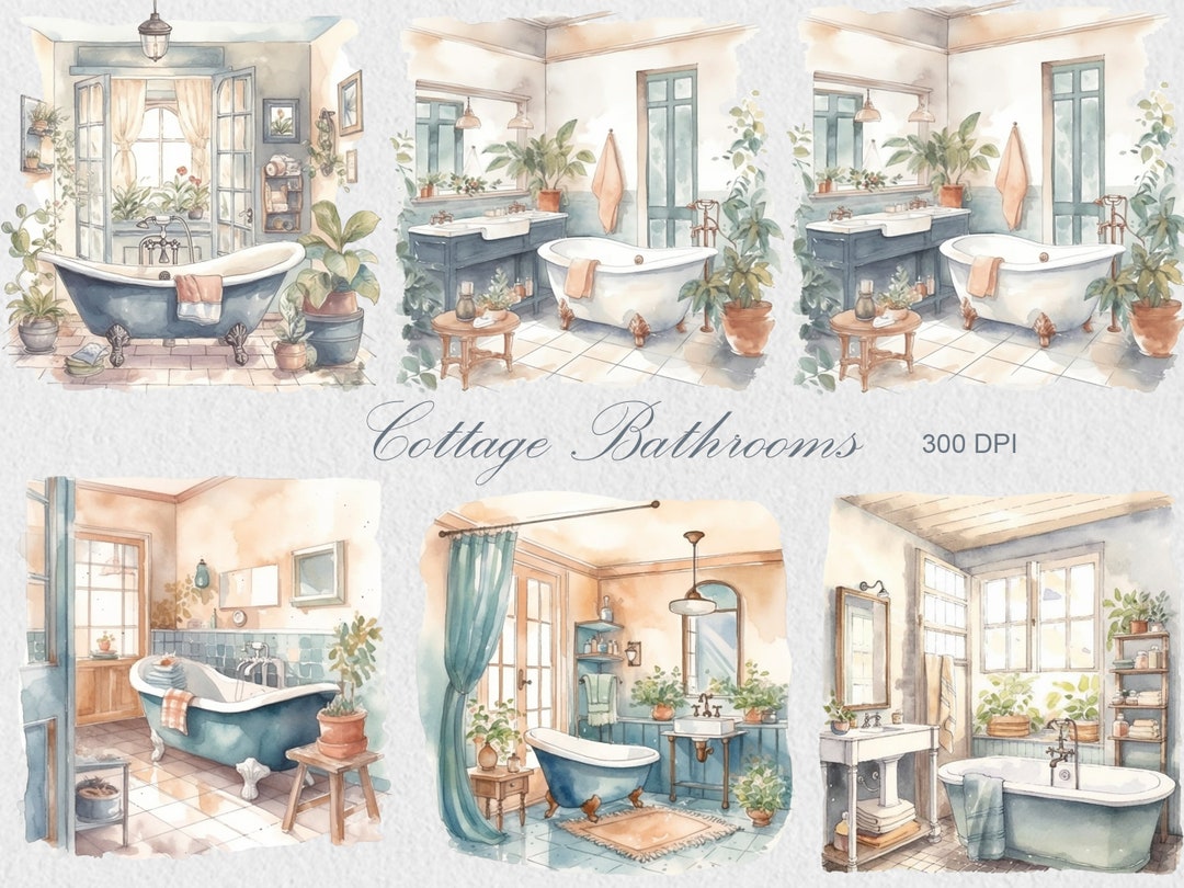 Watercolor Bathroom Cliparts, Commercial Use Clipart, Cottage Interior ...