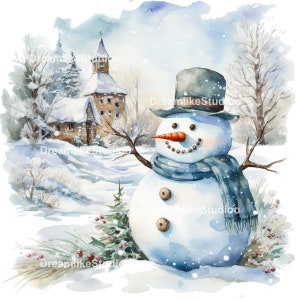 Watercolor Snowman Clipart, Commercial Use Winter Landscape Scene ...