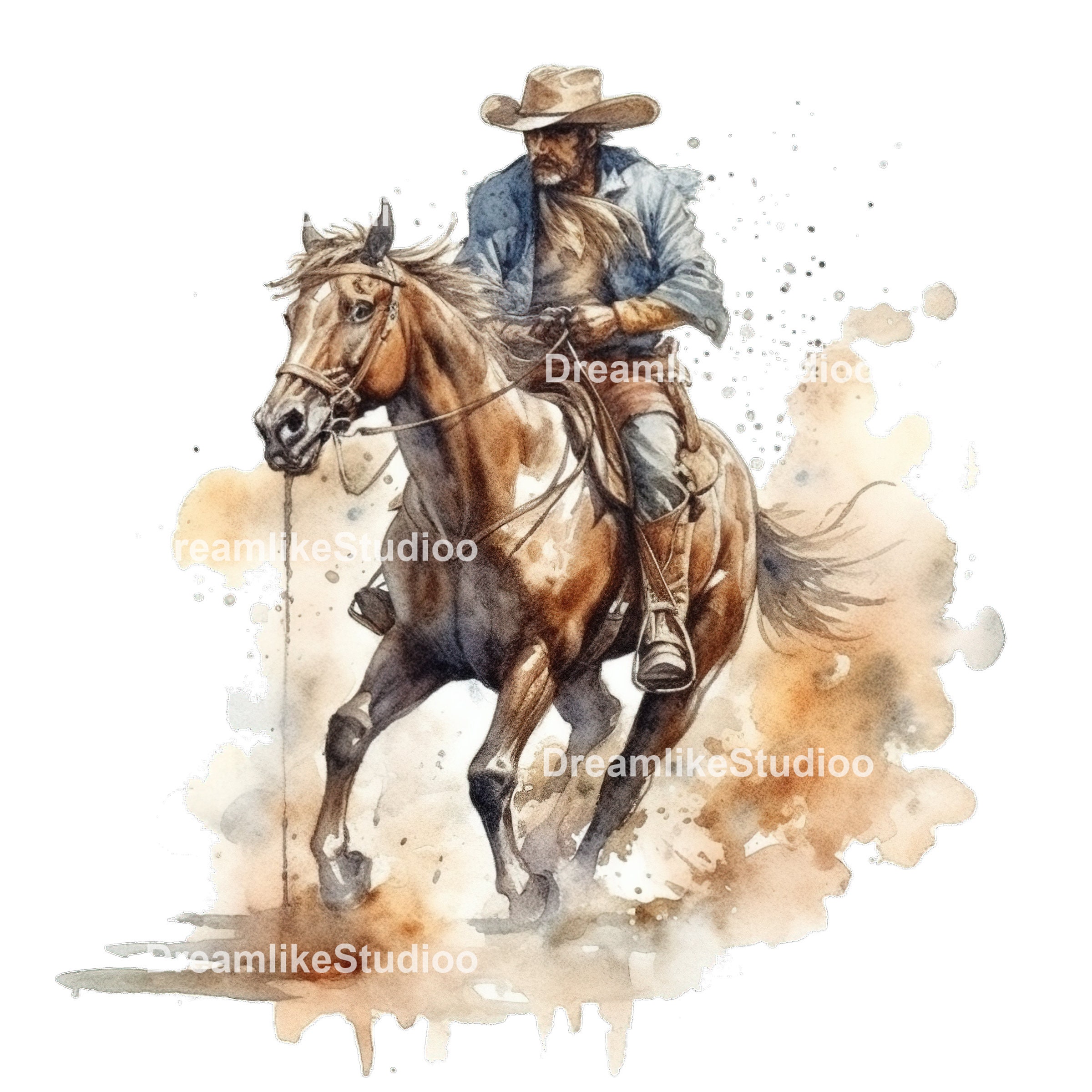 Cowboy Clipart Watercolor, Commercial Use Cowboy and Horse PNG Clipart ...