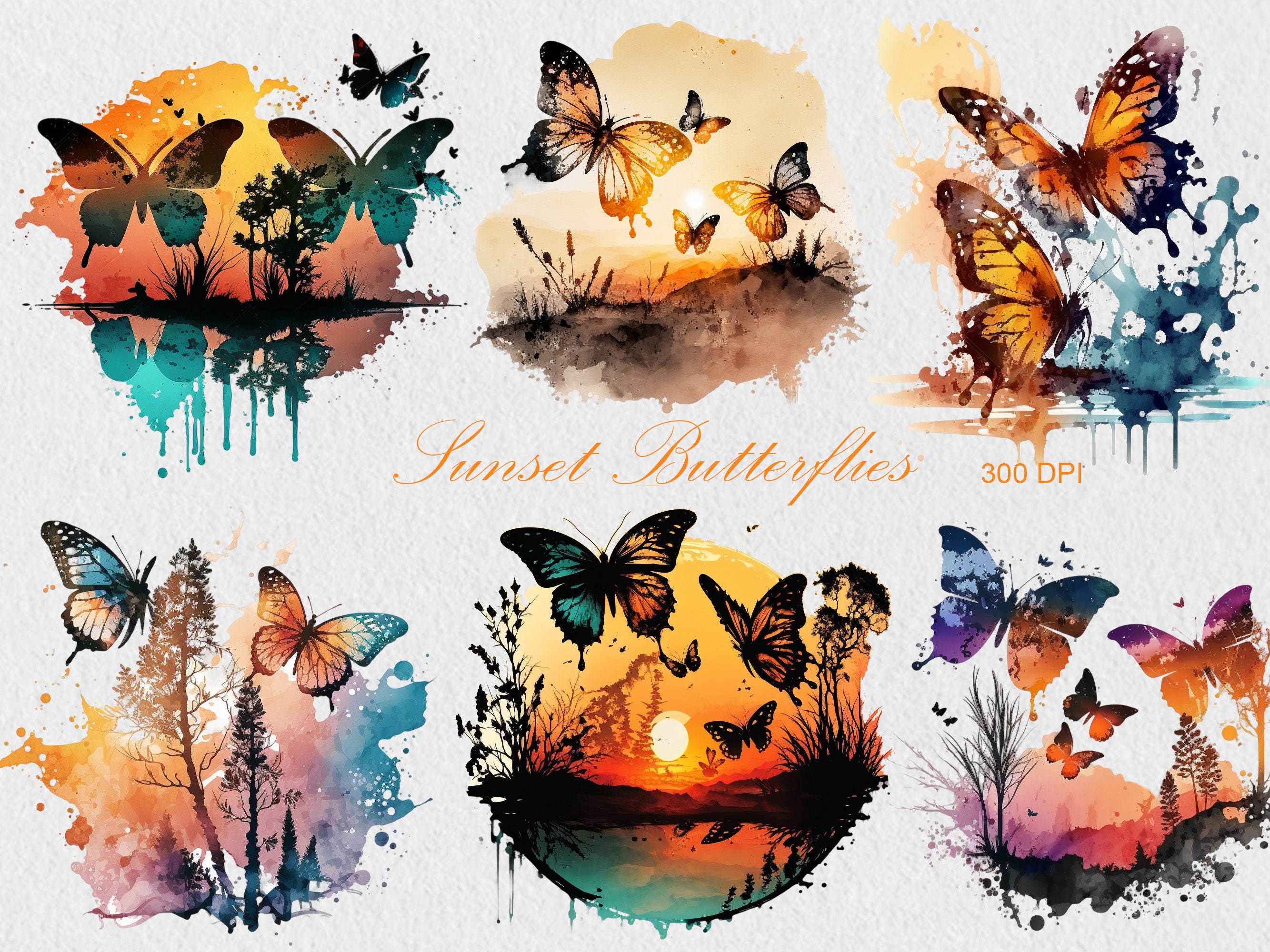 Watercolor Sunset Butterflies Clipart, Commercial Use Clipart, Colorful ...