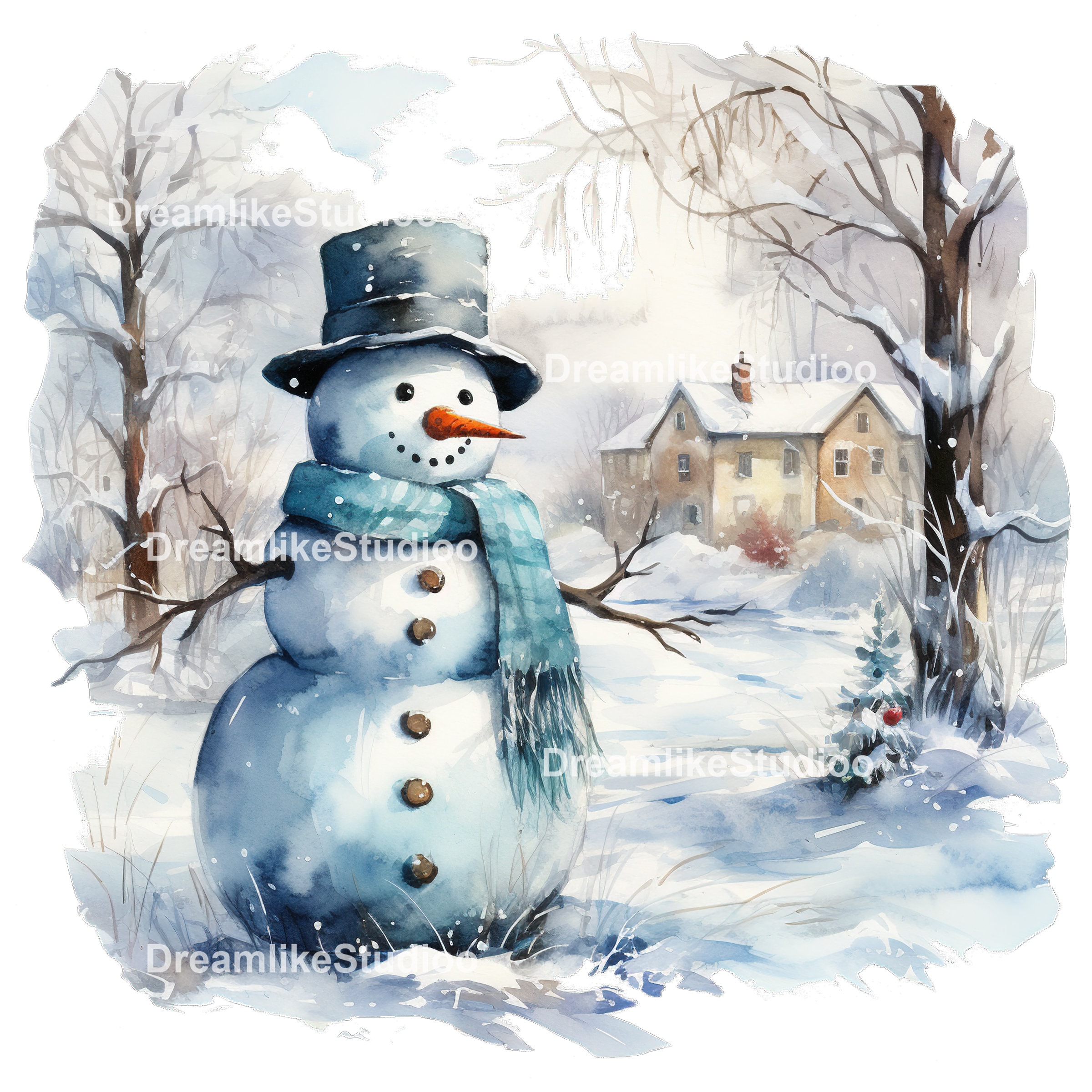 Watercolor Snowman Clipart Commercial Use Winter Landscape - Etsy