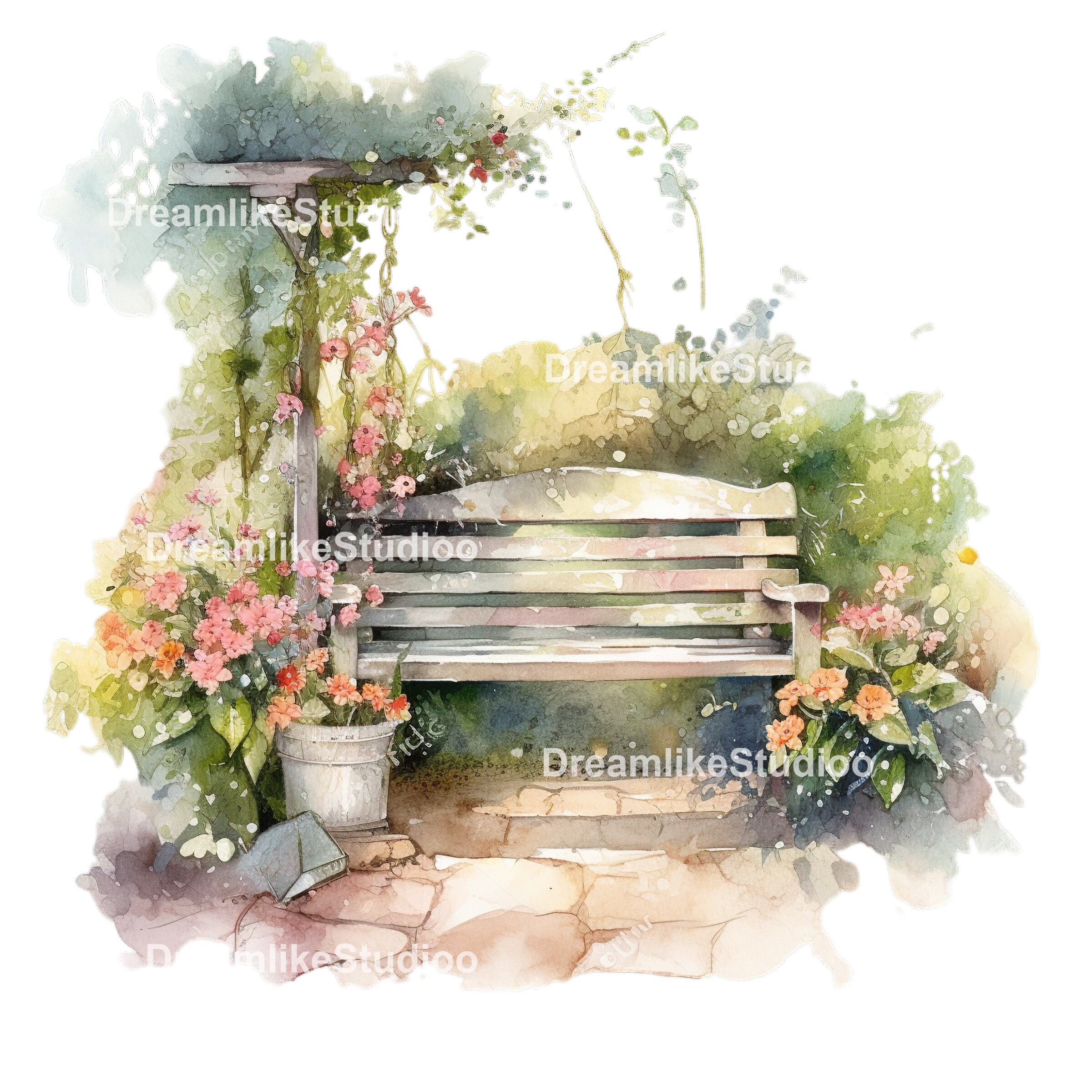 Watercolor Garden Benches Clipart, Commercial Use PNG, Park Clipart ...