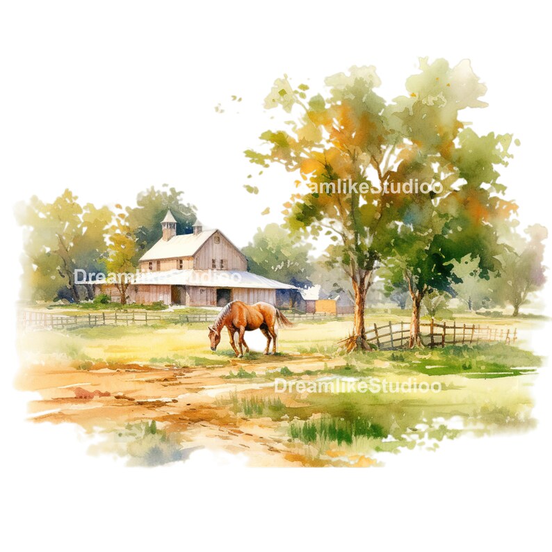 Watercolor Farm Landscape Clipart, Commercial Use Landscape PNG, Farm ...