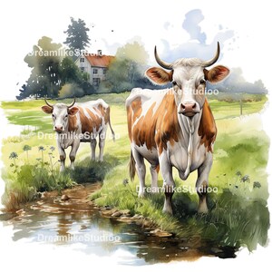 Watercolor Ranch Landscape Clipart, Countryside Landscape With Cows ...