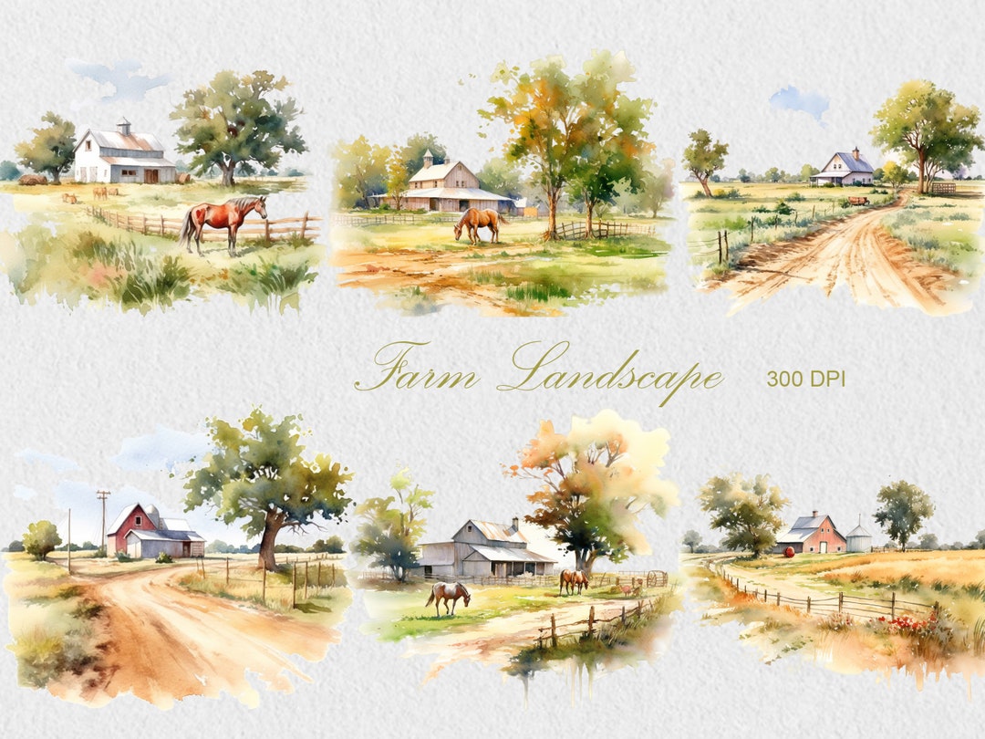 Watercolor Farm Landscape Clipart, Commercial Use Landscape PNG, Farm ...