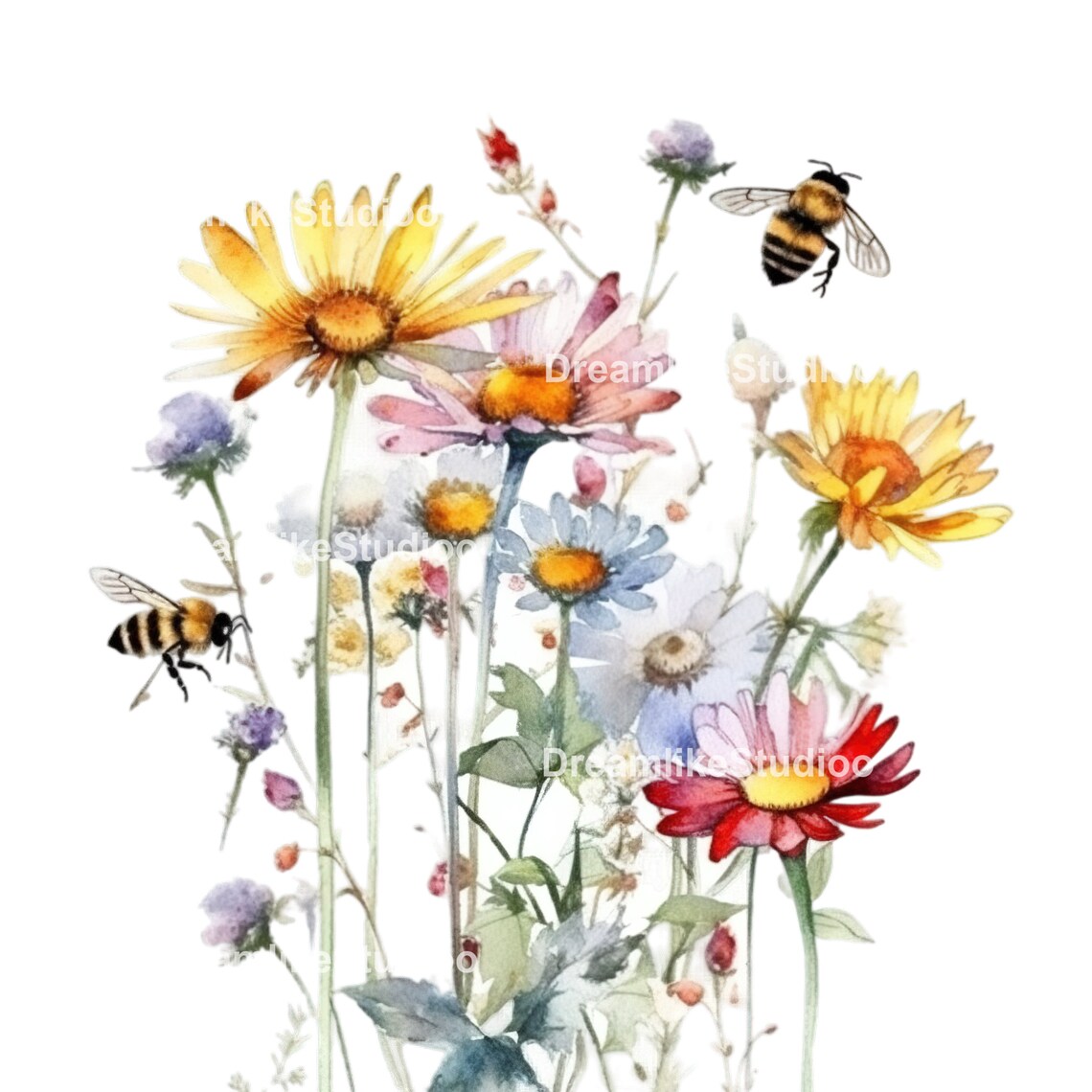 Bee Clipart PNG Watercolor Honey Bee and Summer Flowers - Etsy