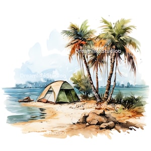 Watercolor Beach Camping Clipart, Commercial Use Beach Scene Clipart ...