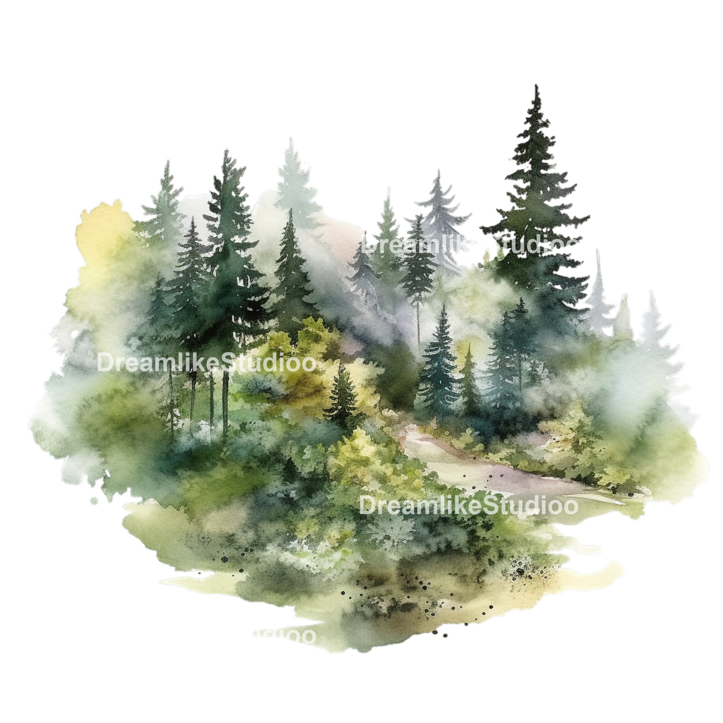 Watercolor Forest Clipart, Commercial Use Foggy Forest PNG, Coniferous ...