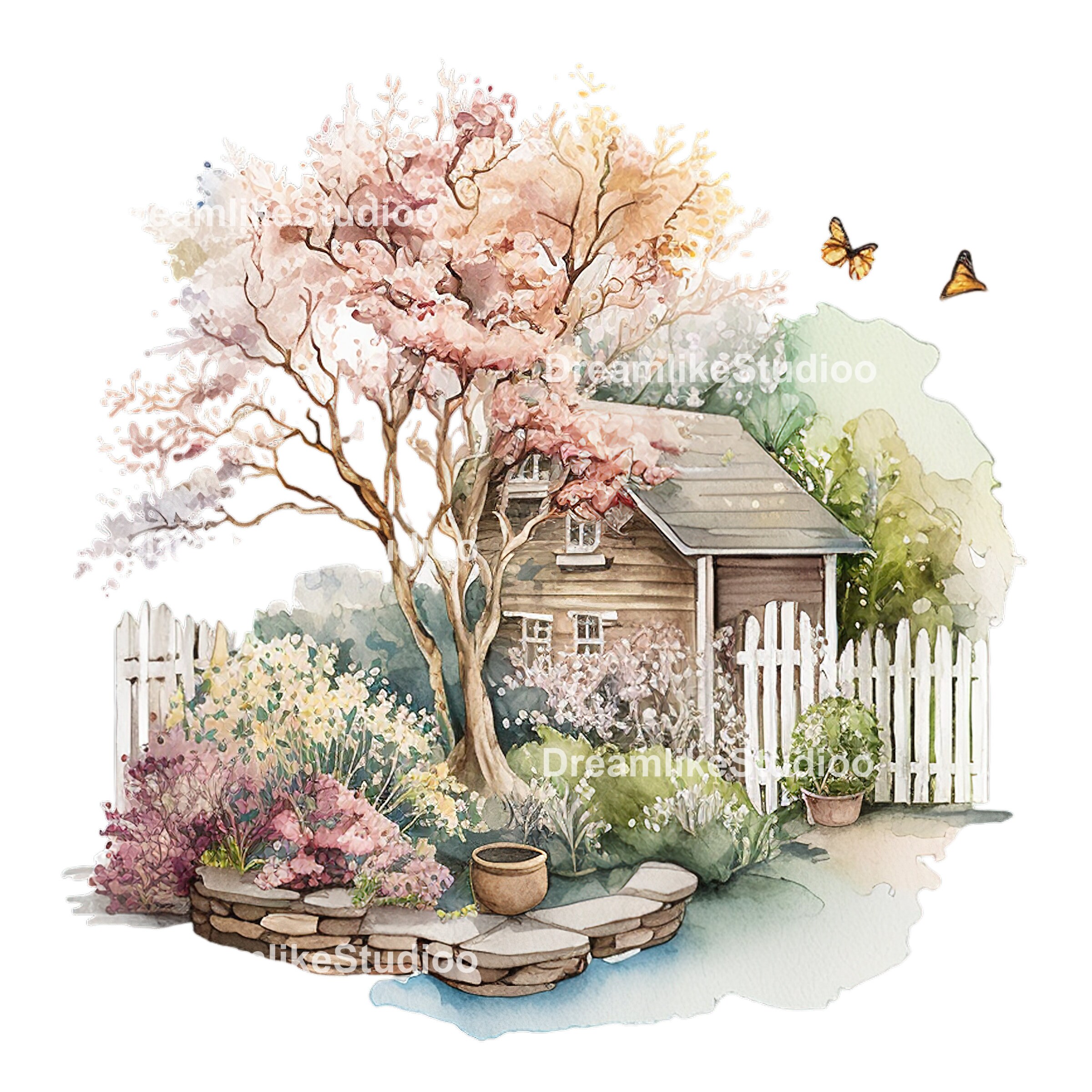 Watercolor Backyard Garden Clipart, Spring Garden PNG, Commercial Use ...