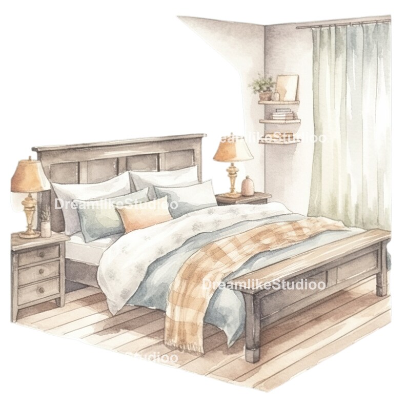 Watercolor Bedroom Cliparts, Commercial Use Clipart, Interior Clipart ...