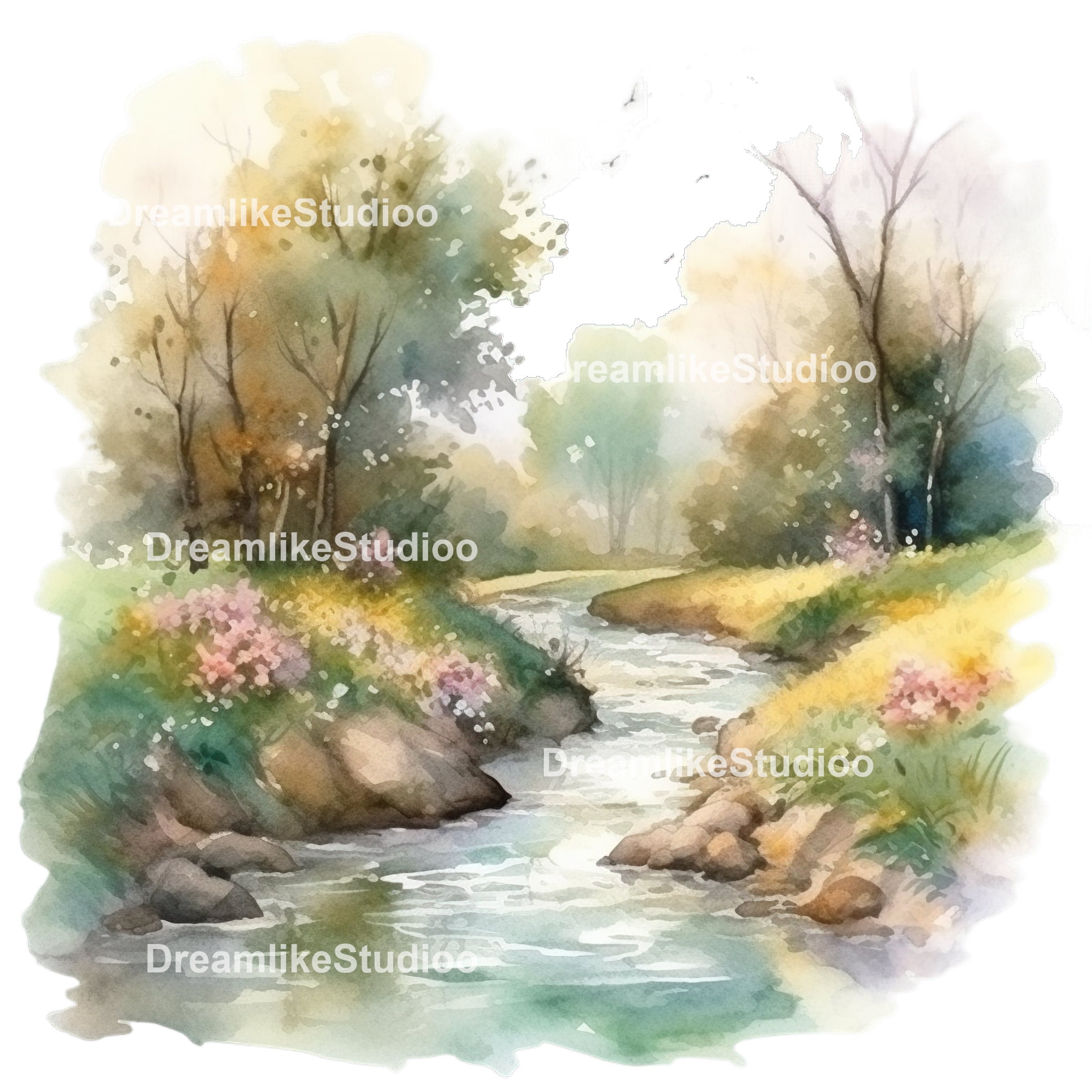 Watercolor Stream Clipart, River With Flower Banks, Commercial Use ...