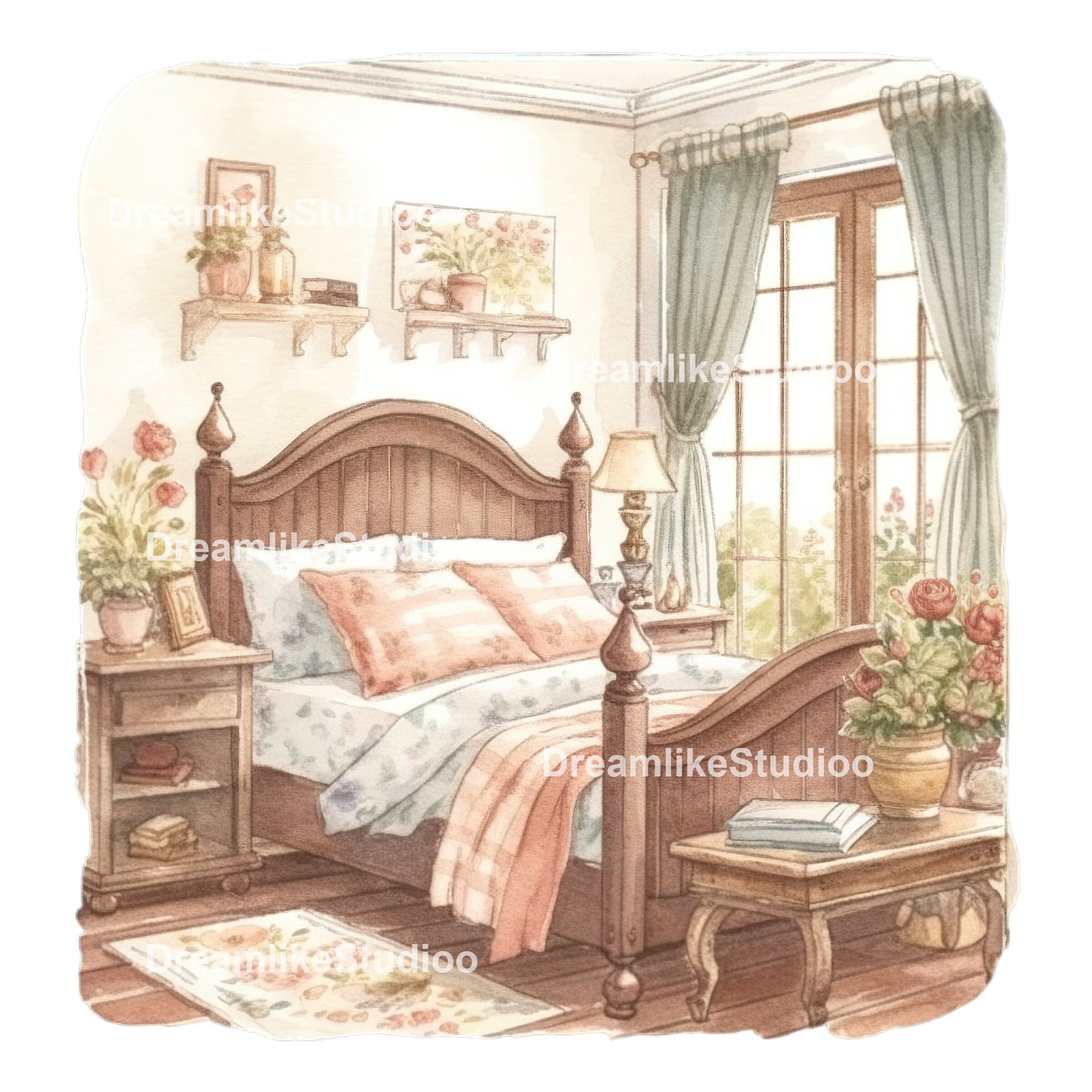Watercolor Bedroom Cliparts, Commercial Use Clipart, Interior Clipart ...