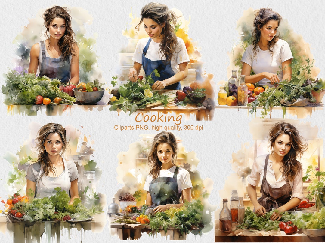 Cooking Clipart, Watercolor Woman Working in Kitchen PNG Commercial Use ...