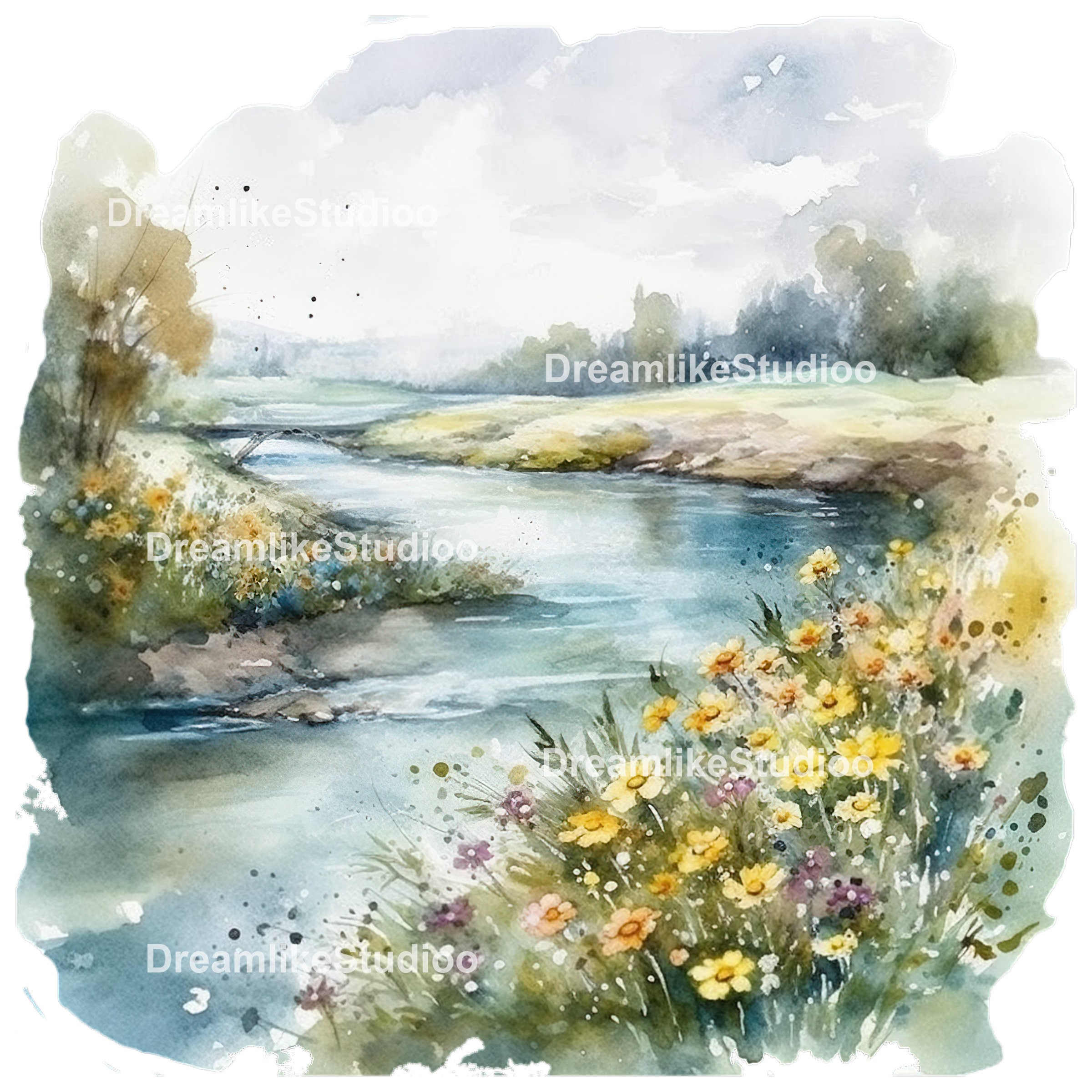 Watercolor River With Flower Banks Clipart Commercial Use - Etsy