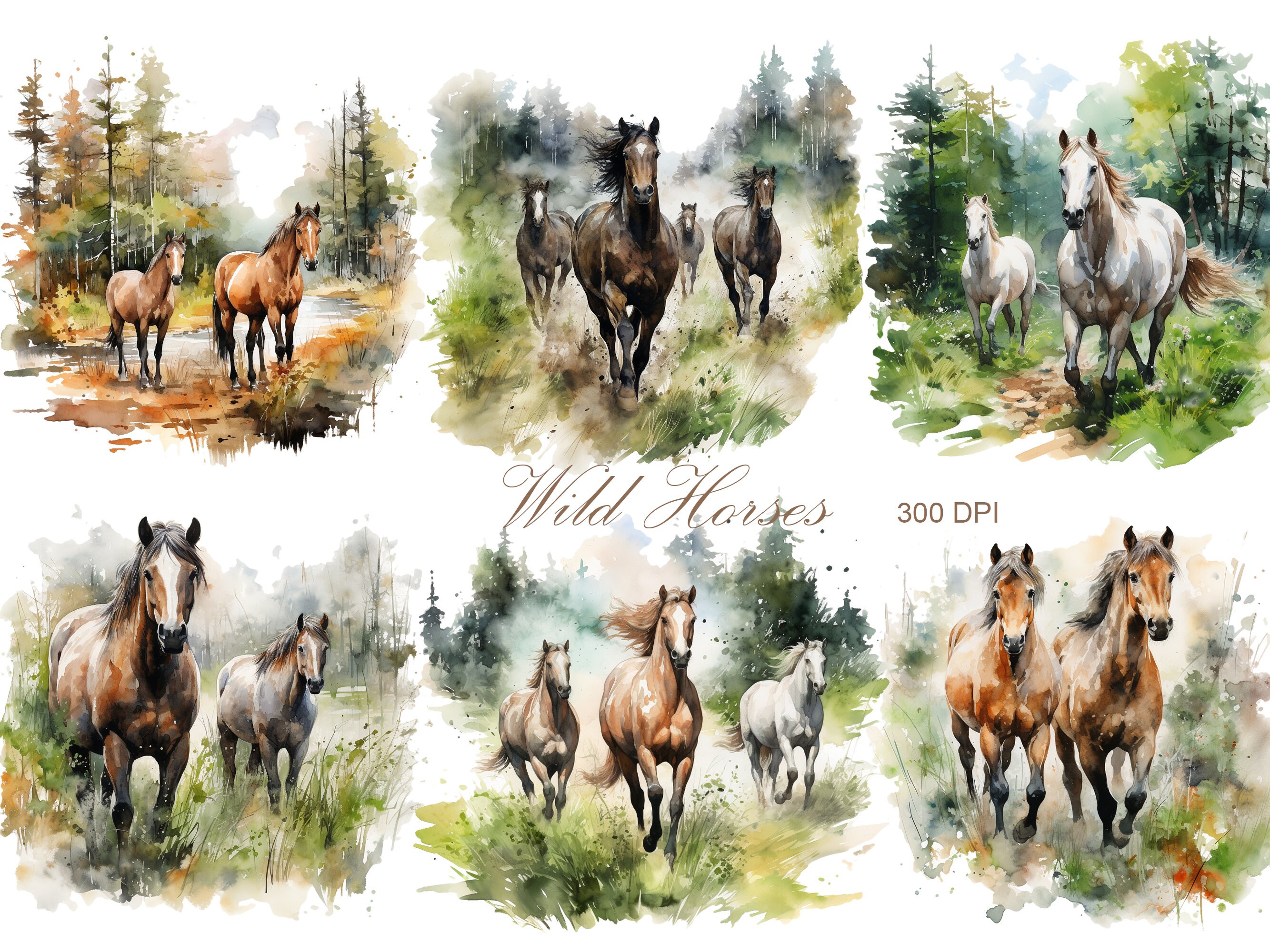 Watercolor Horse Clipart Wild Horses in the Forest Clipart - Etsy