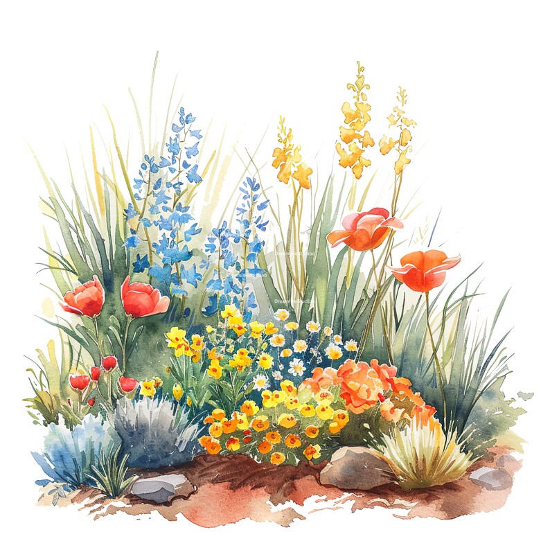 Garden Flowers Clipart, Watercolor Flowers PNG, Commercial Use Clipart ...