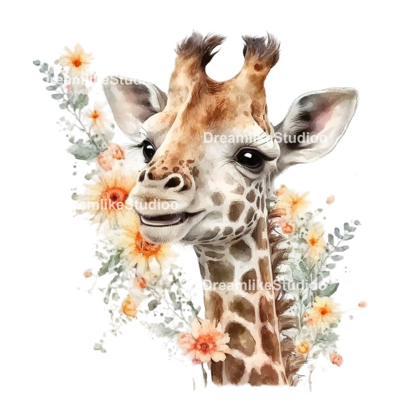Watercolor Baby Giraffe Cliparts, Commercial Use Floral Giraffe PNG ...