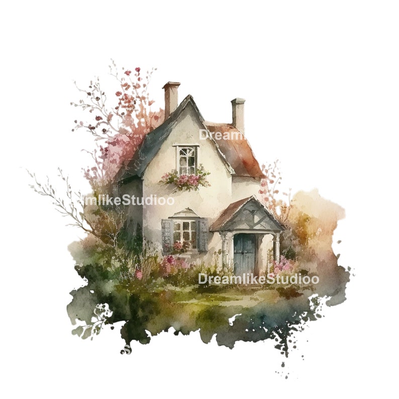 Watercolor Spring Cottages PNG, Commercial Use Clipart, Scrapbooking ...