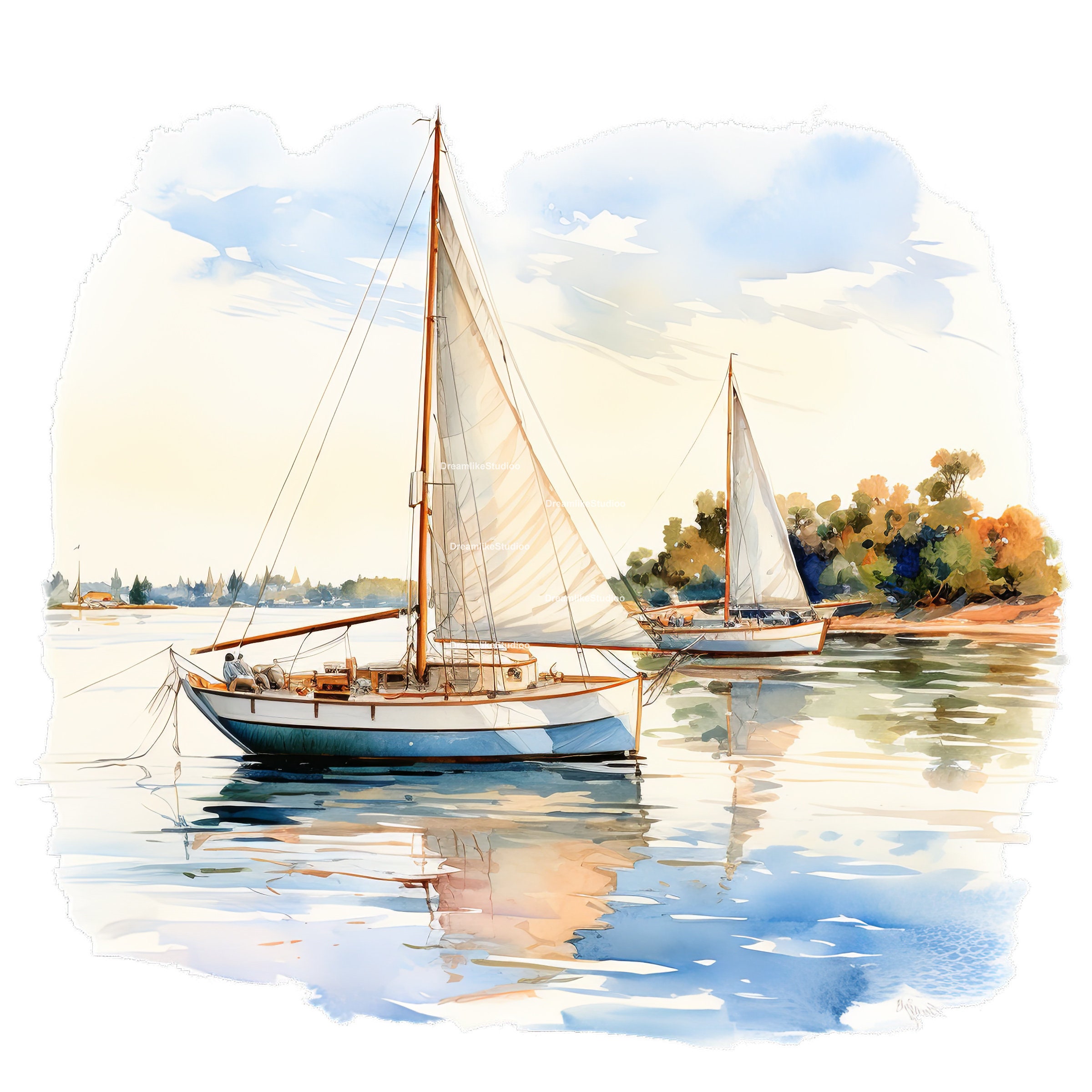 Watercolor Sailboat Clipart, Commercial Use Sailing Scene Clipart ...