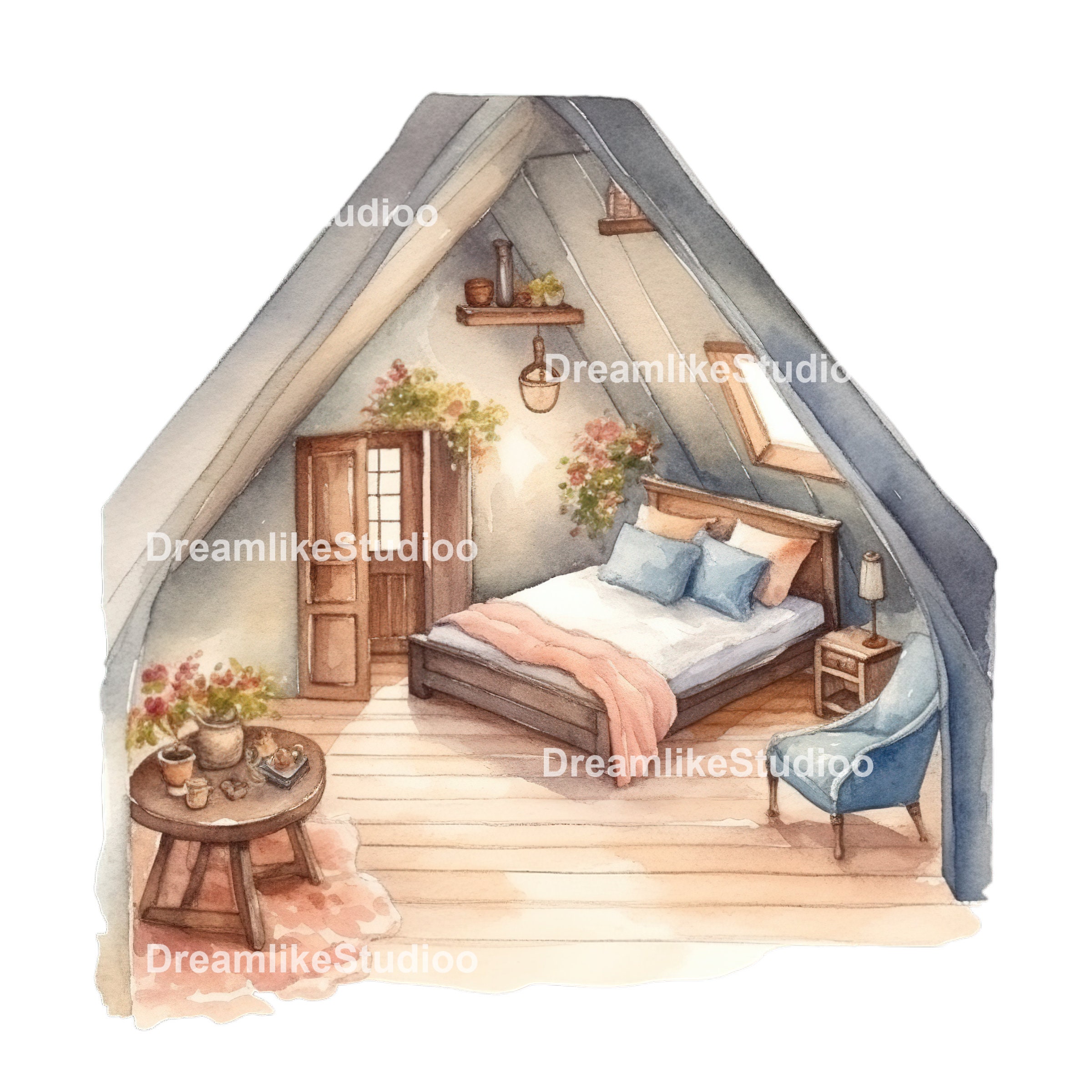 Watercolor Romantic Attic Clipart, Commercial Use PNG, Cottagecore ...