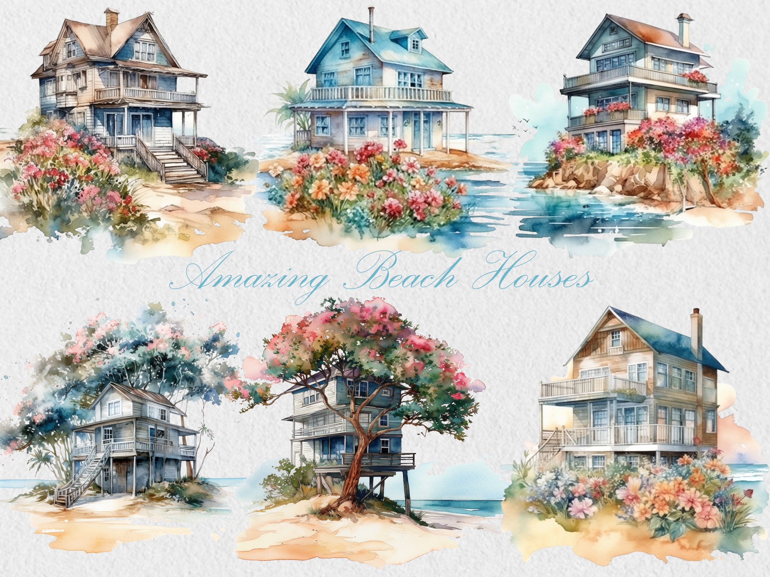 Watercolor Beach House Clipart, Commercial Use Beach House PNG, Beach ...