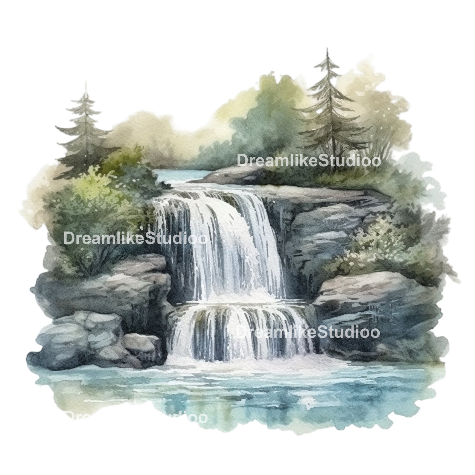Watercolor Waterfall Clipart Bundle, Commercial Use Landscape Clipart ...