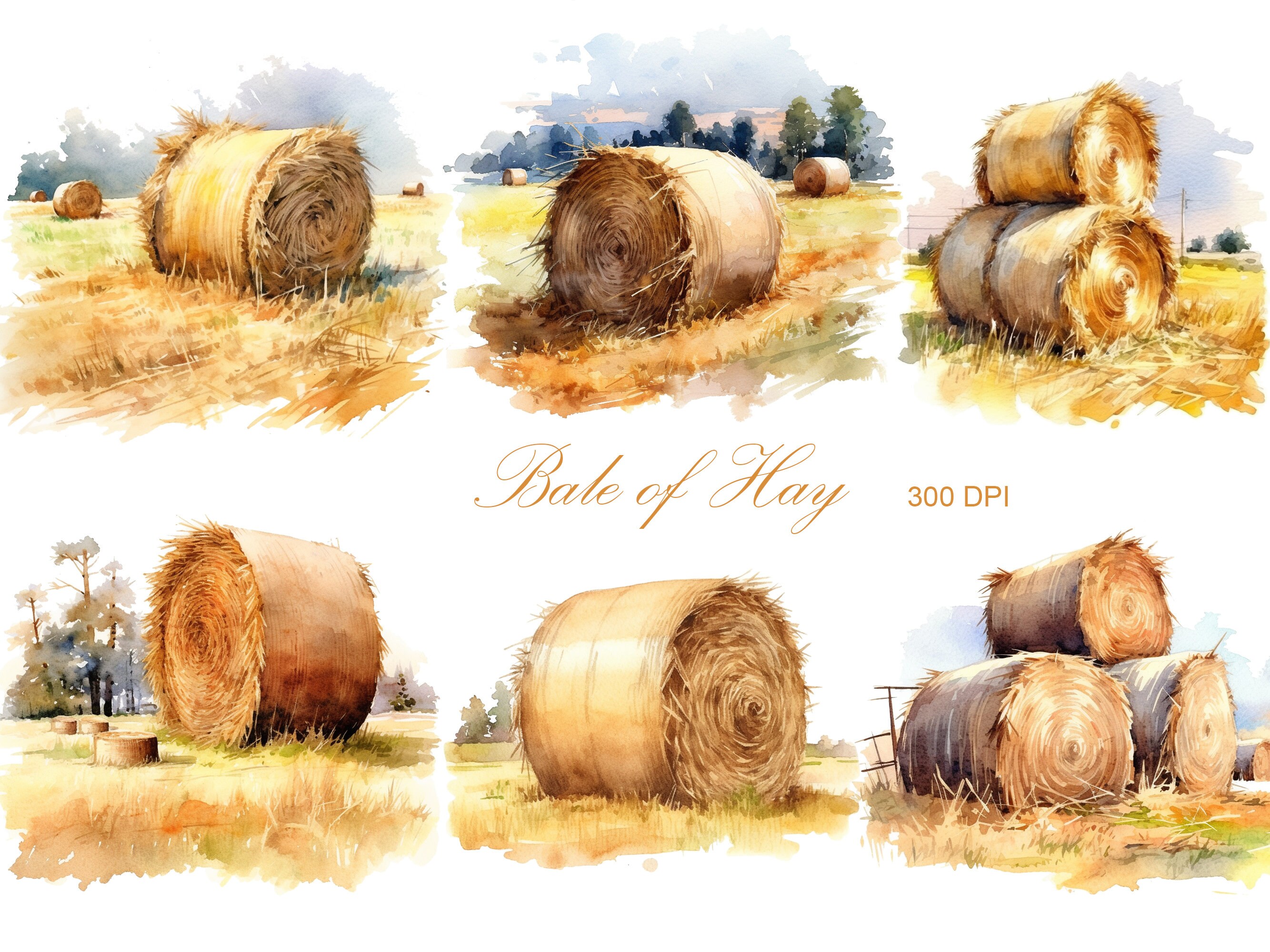 Watercolor Bale of Hay Clipart, Landscape Scenes PNG, Instant Download ...