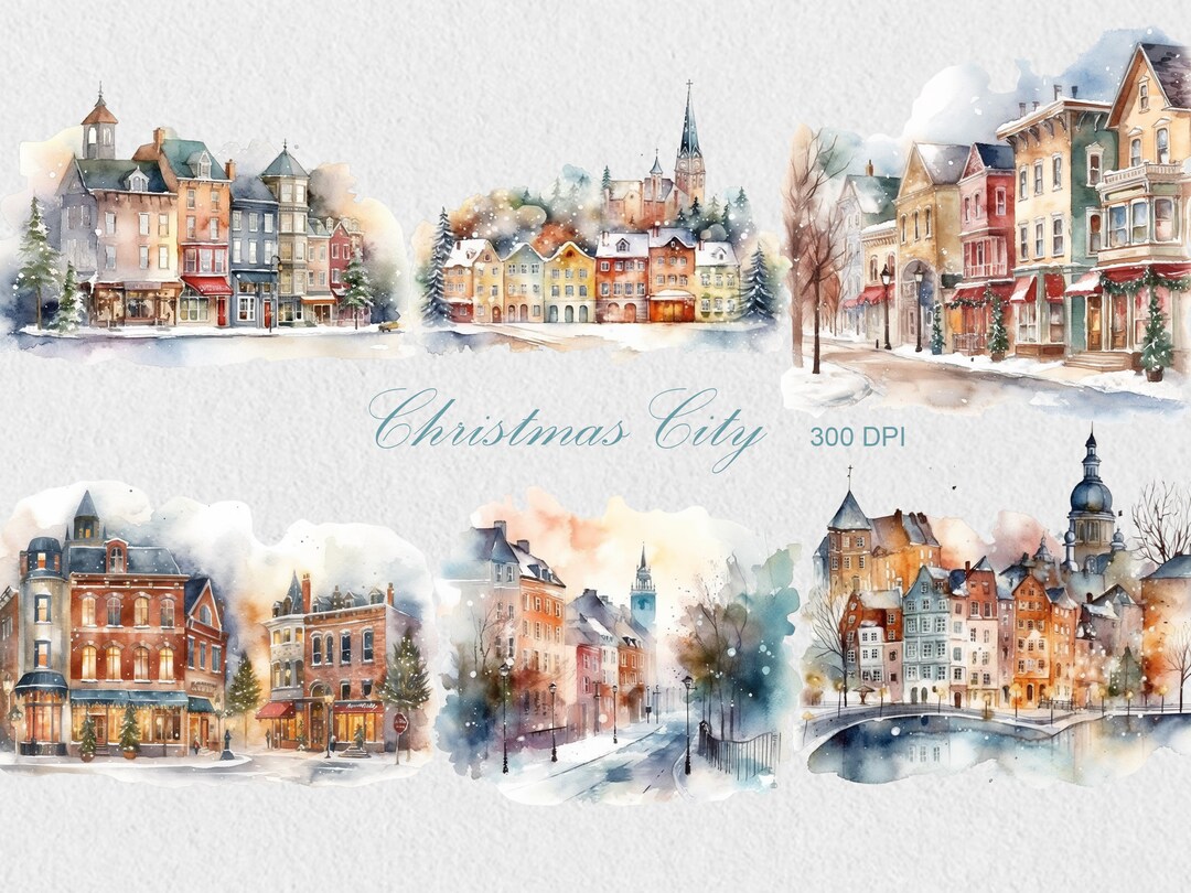 Watercolor Christmas City Clipart, Commercial Use Winter City Scenes ...