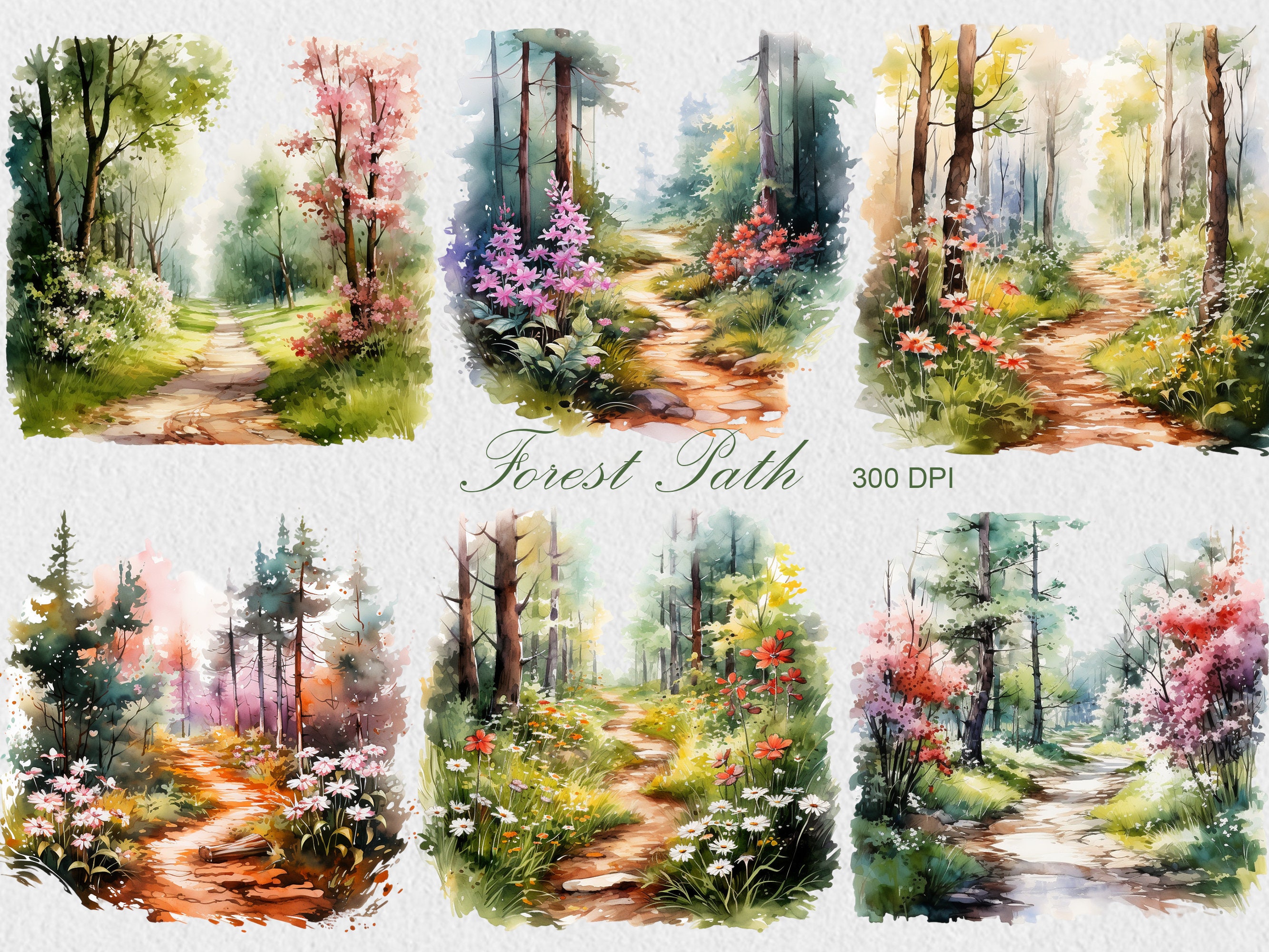 Watercolor Forest Path Clipart, Commercial Use Flowers Path in the ...