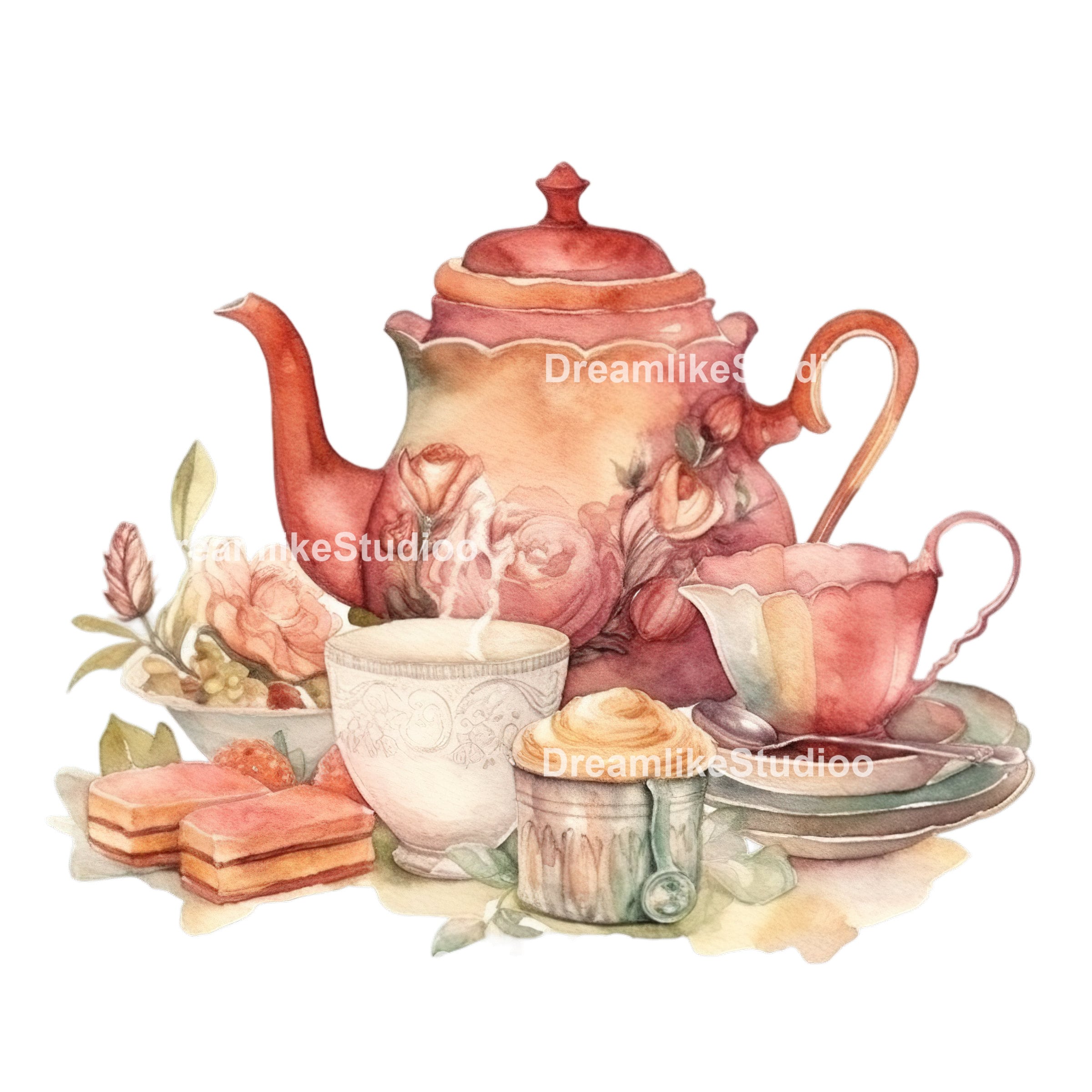 Watercolor Tea Party Clipart, Commercial Use Clipart, Dessert Clipart ...