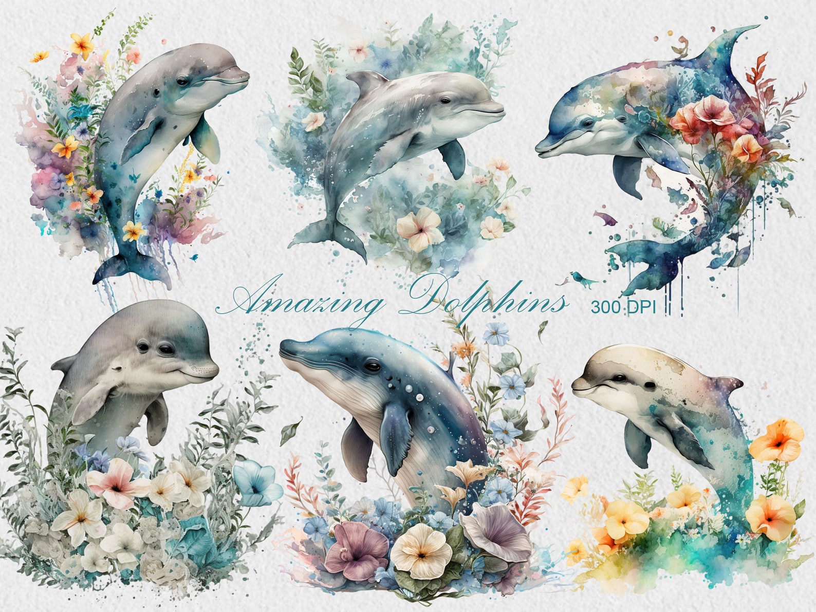 Floral Dolphin Clipart, Commercial Use Watercolor Dolphin PNG Digital ...