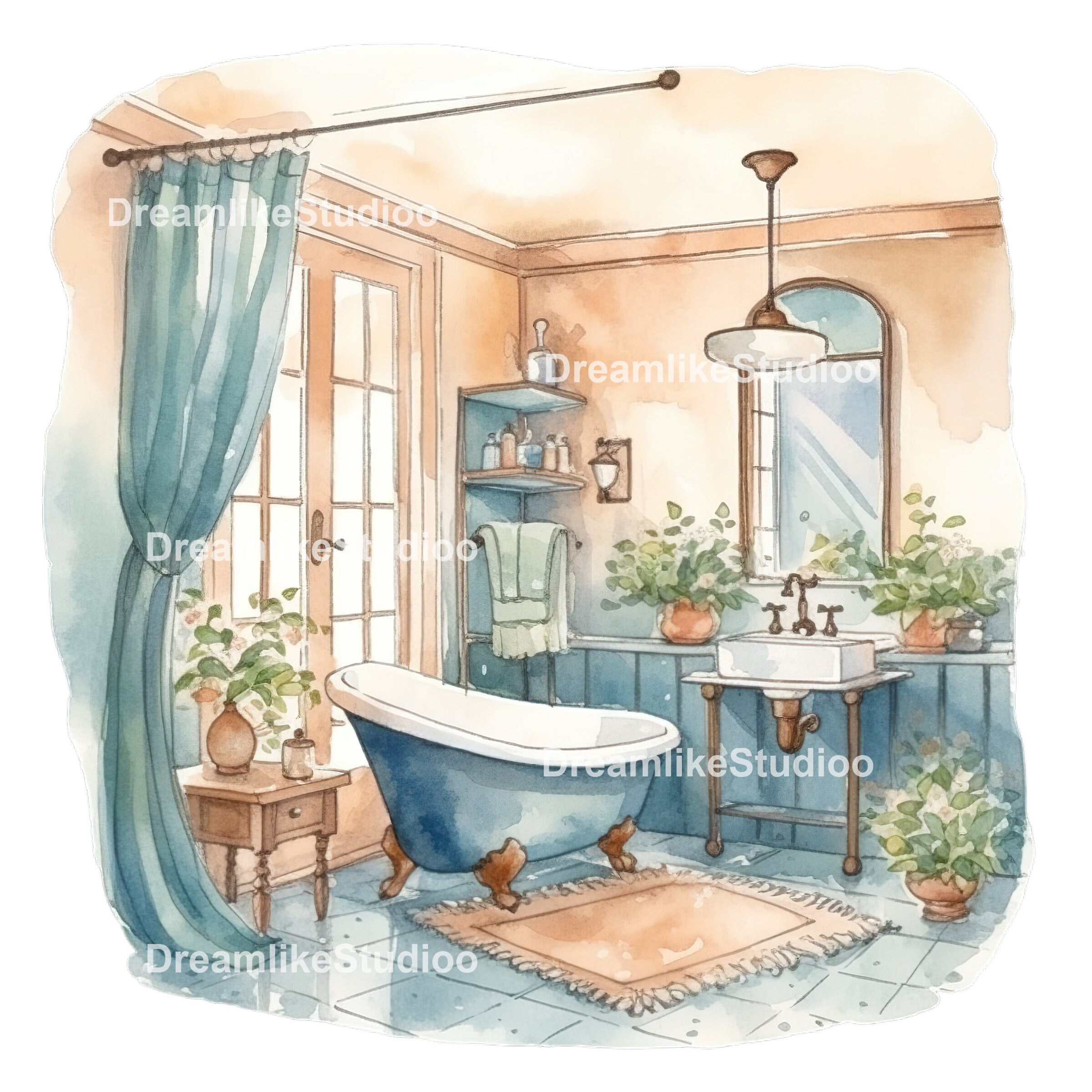 Watercolor Bathroom Cliparts, Commercial Use Clipart, Cottage Interior ...