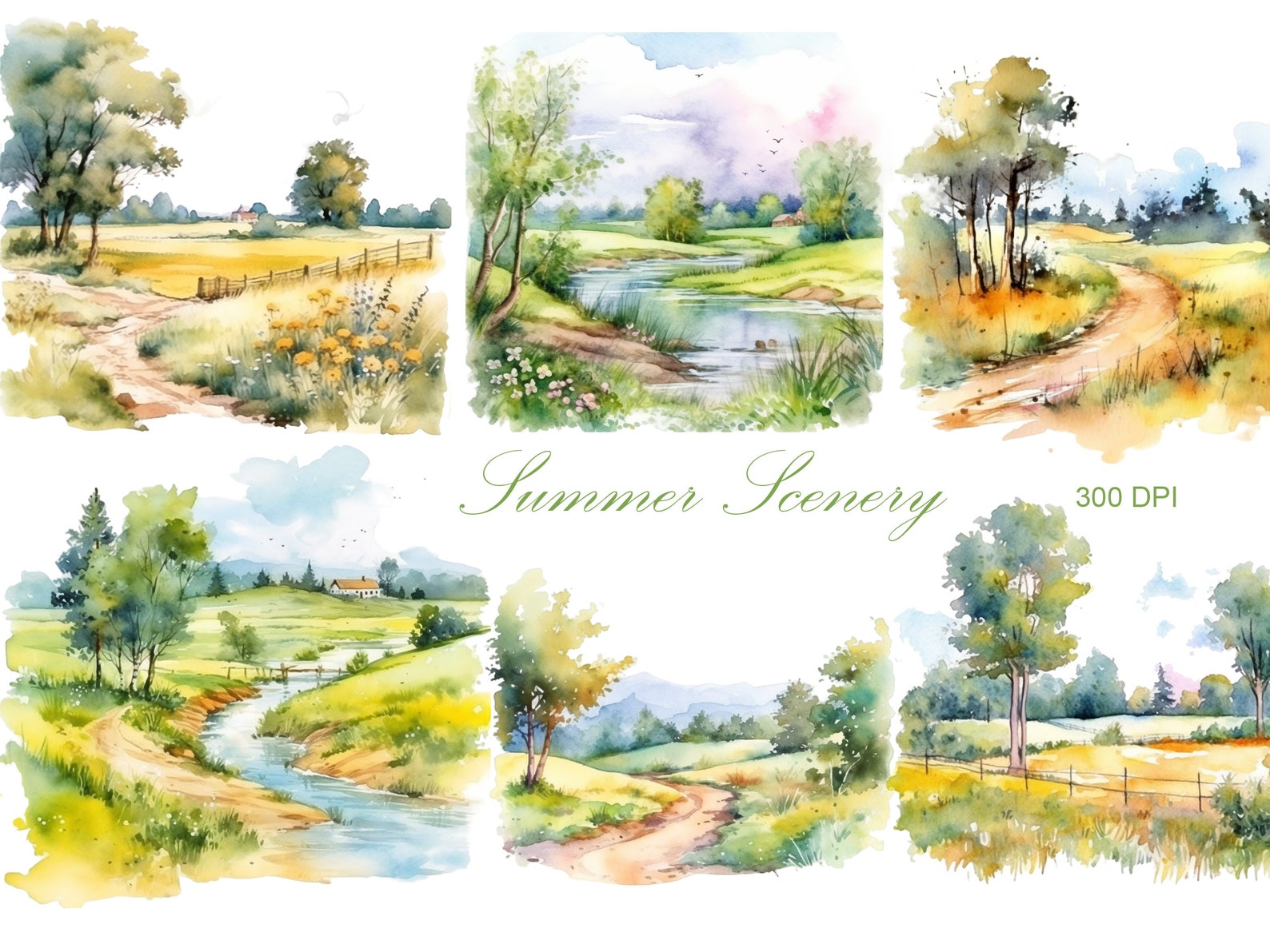 Summer Scenery Clipart, Commercial Use Watercolor Landscape Clipart ...