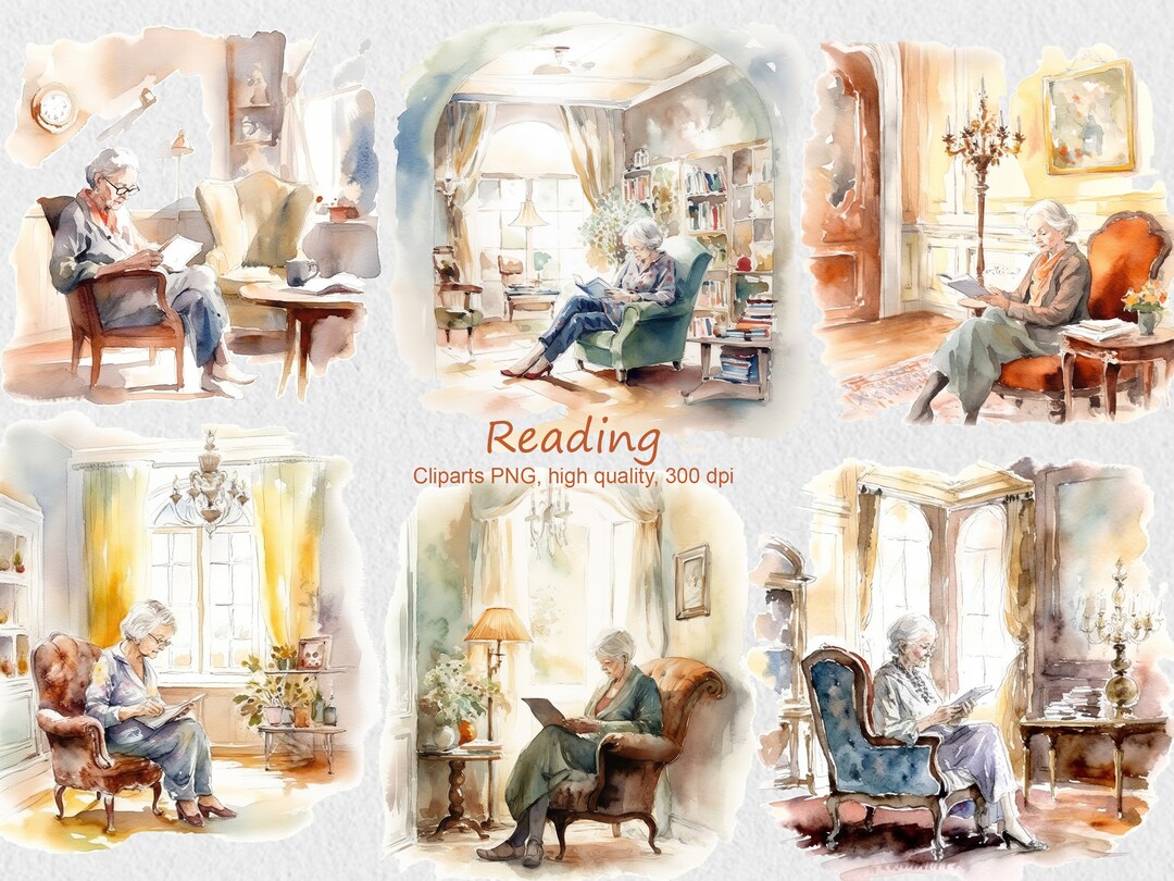 Elderly Woman Reading Clipart, Watercolor Reading Corner PNG Commercial ...