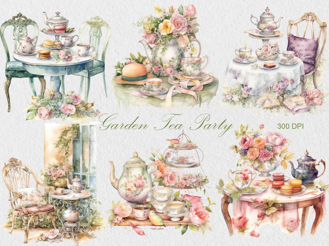 Watercolor Garden Tea Party Scenes, PNG, Commercial Clipart, Tea Time ...